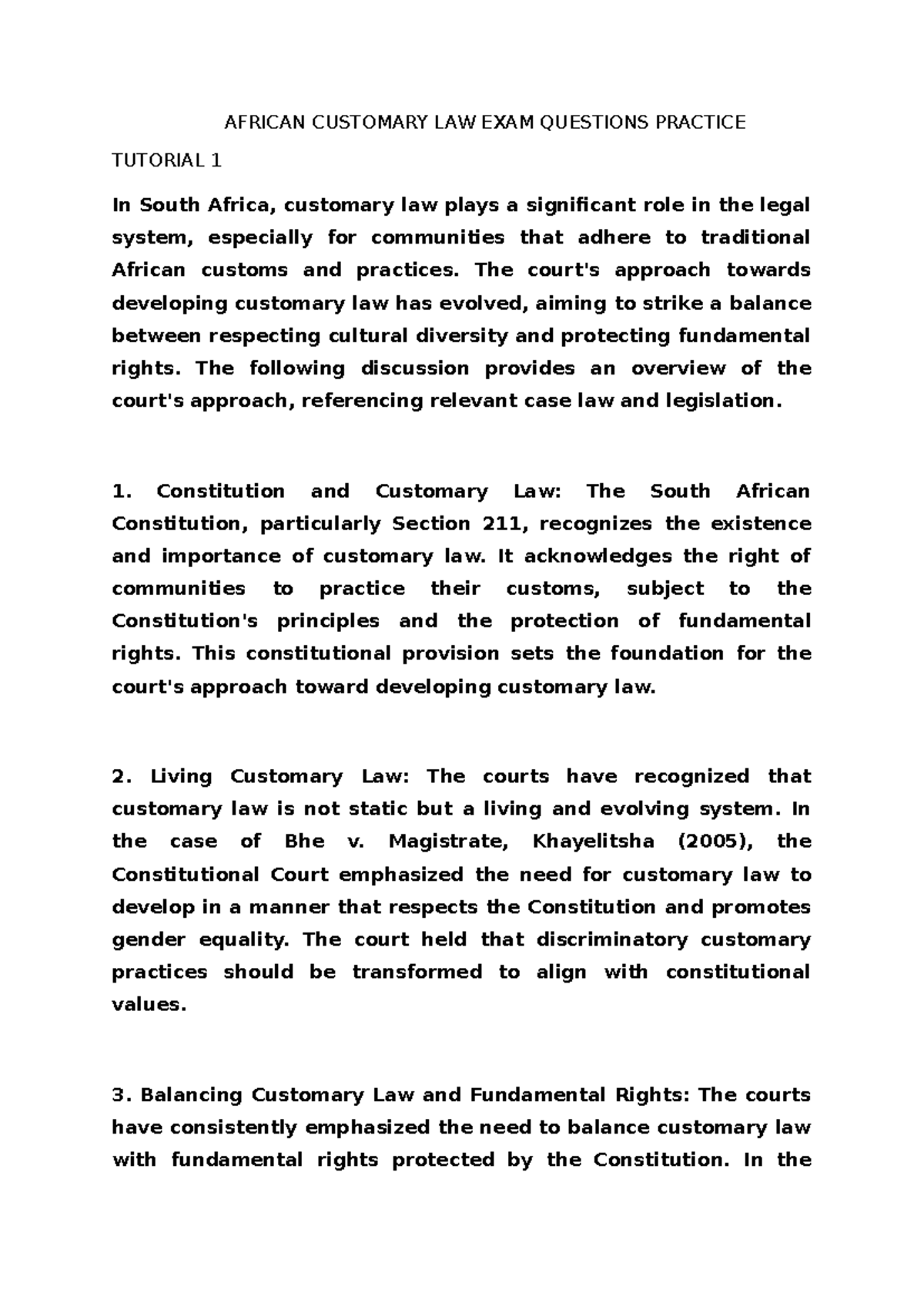 African Customary LAW EXAM Questions Practice - AFRICAN CUSTOMARY LAW ...