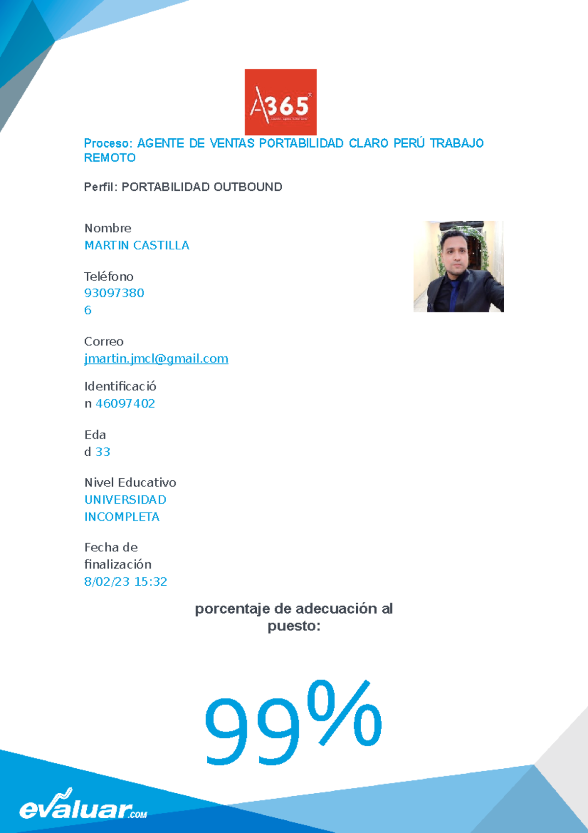 Formato DE Informe Psicolaboral - Proceso: AGENTE DE VENTAS ...