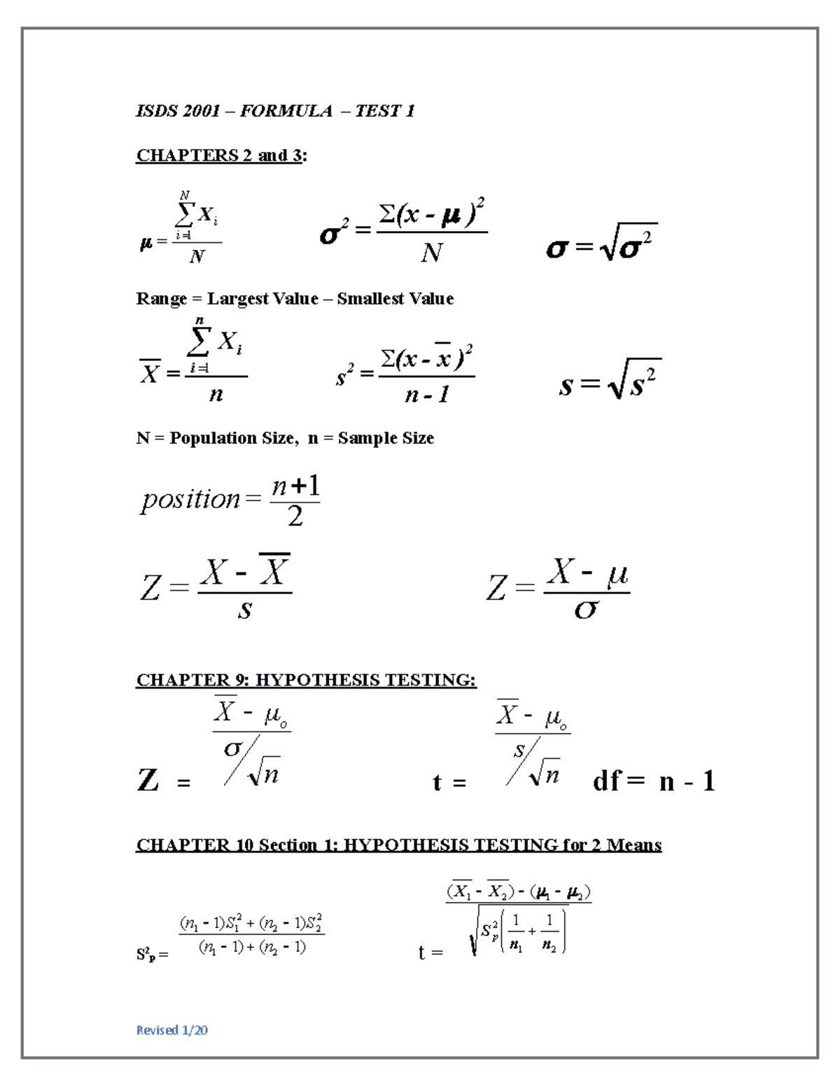 ISDS 2001 - Test 1 Formula Sheet - 0120 - ISDS 2001 – FORMULA – TEST 1 ...