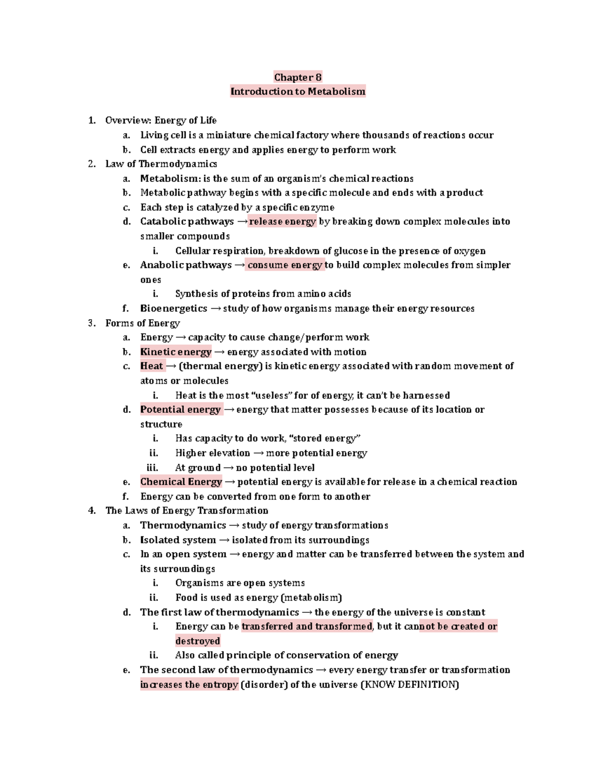 Bio 111 Chapter 8 - Chapter 8 Introduction to Metabolism Overview ...