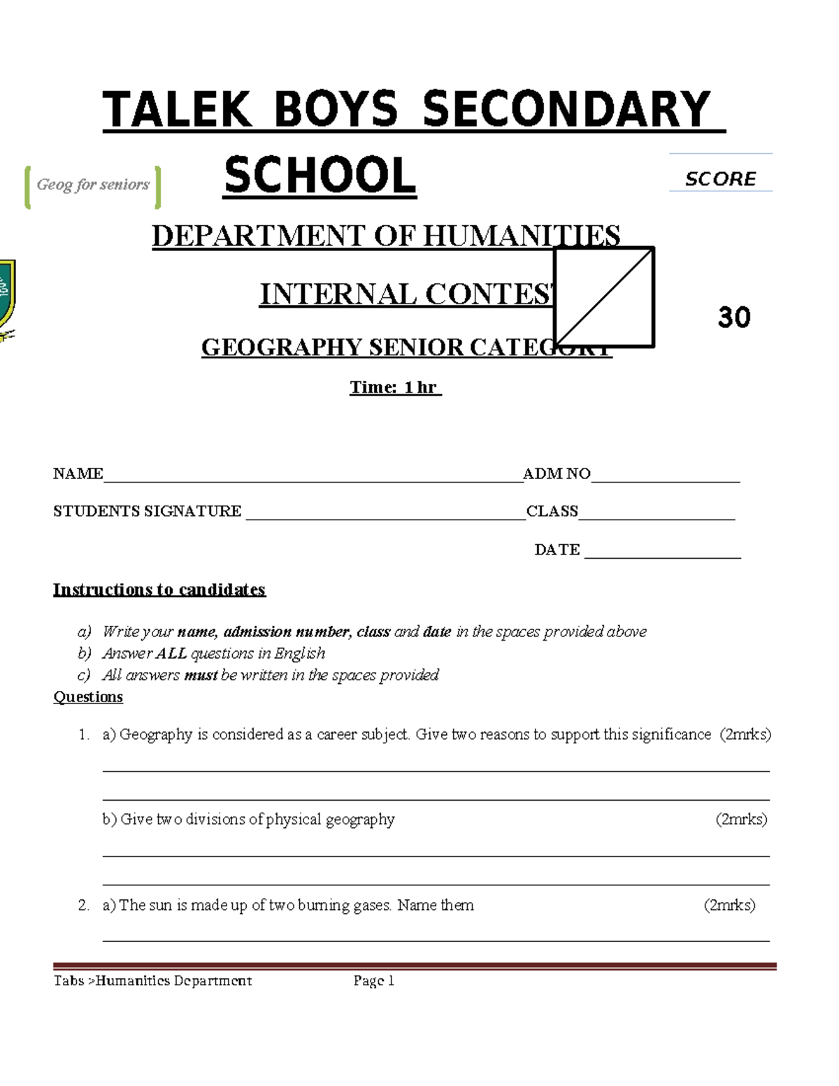 Geo Senior - T alek Boy s TALEK BOYS SECONDARY SCHOOL DEPARTMENT OF ...