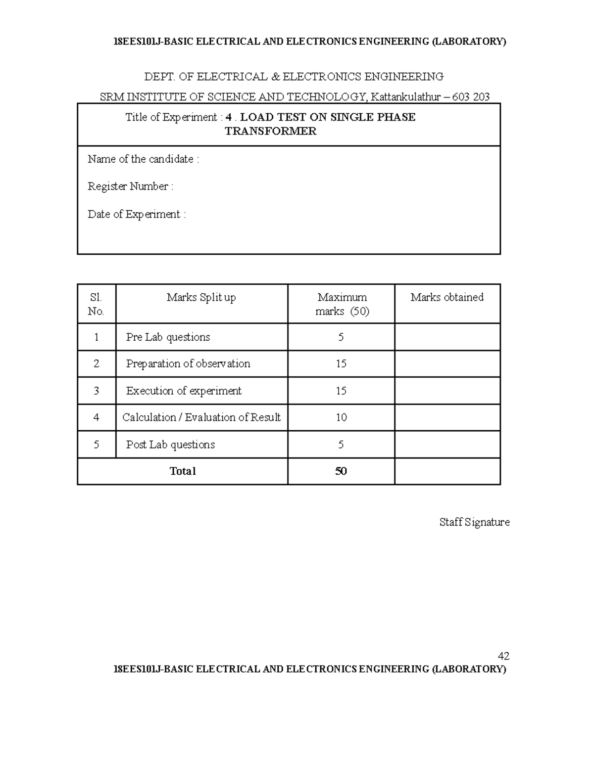 BEEE 4 - 18EES101J-BASIC ELECTRICAL AND ELECTRONICS ENGINEERING (LABORATORY) DEPT. OF ELECTRICAL ...