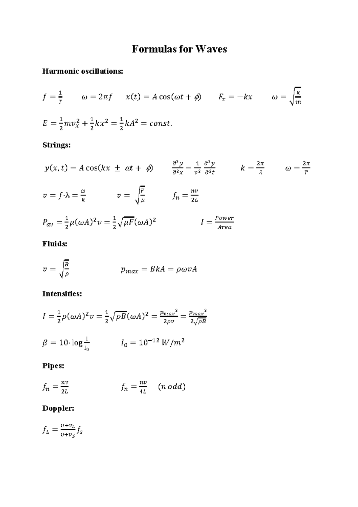 Formulas FYSA13 Spring 20 - Formulas for Waves Harmonic oscillations: 𤰀 ...