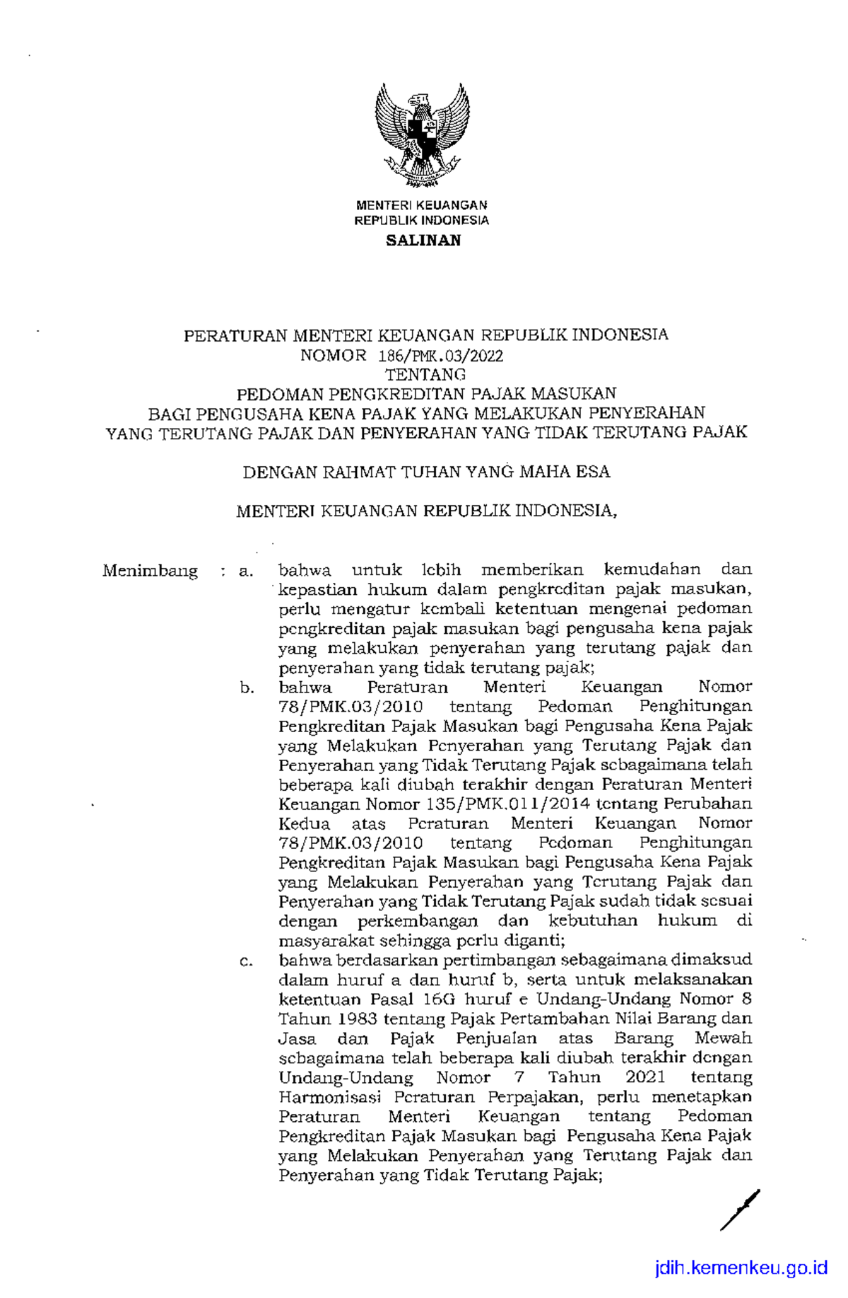186 PMK.03 2022 Pajak Masukan - MENTERI KEUANGAN REPUBLIK INDONESIA ...