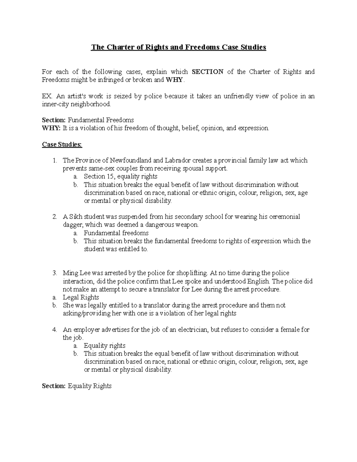 Case Studies Activity - The Charter of Rights and Freedoms Case Studies ...