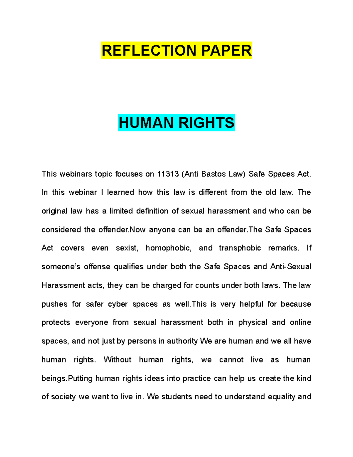 NSTP 7 - Reflection Paper - Human Rights - REFLECTION PAPER HUMAN ...