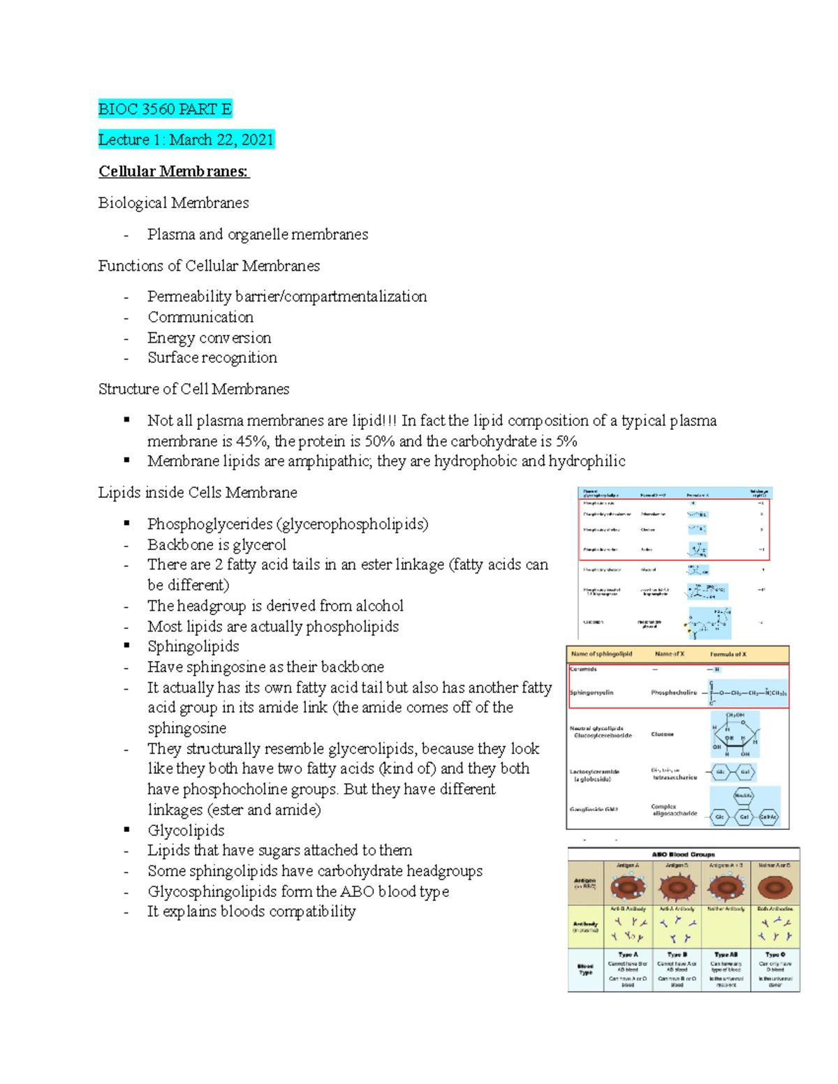 BIOC 3560 Part E Lecture 1 - BIOC 3560 PART E Lecture 1: March 22, 2021 Cellular Membranes ...