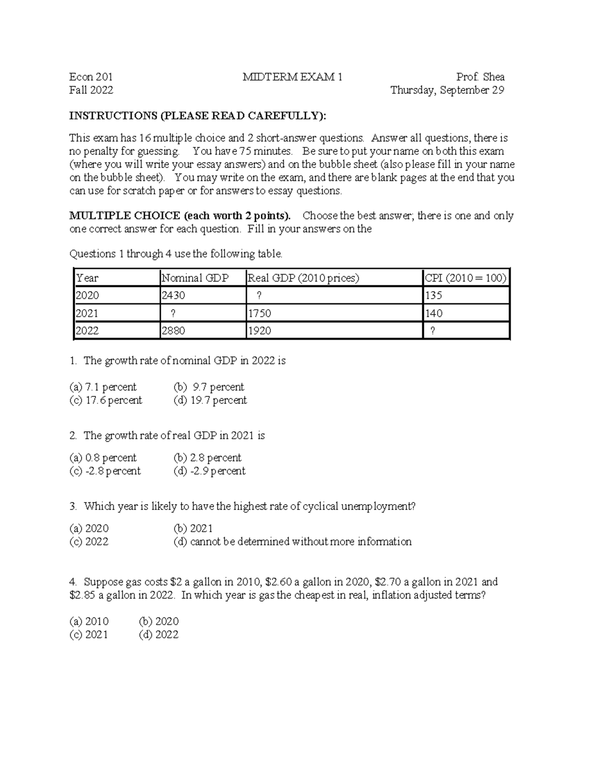 Midterm 1 Fall 2022 with answers - Econ 201 MIDTERM EXAM 1 Prof. Shea Fall 2022 Thursday ...