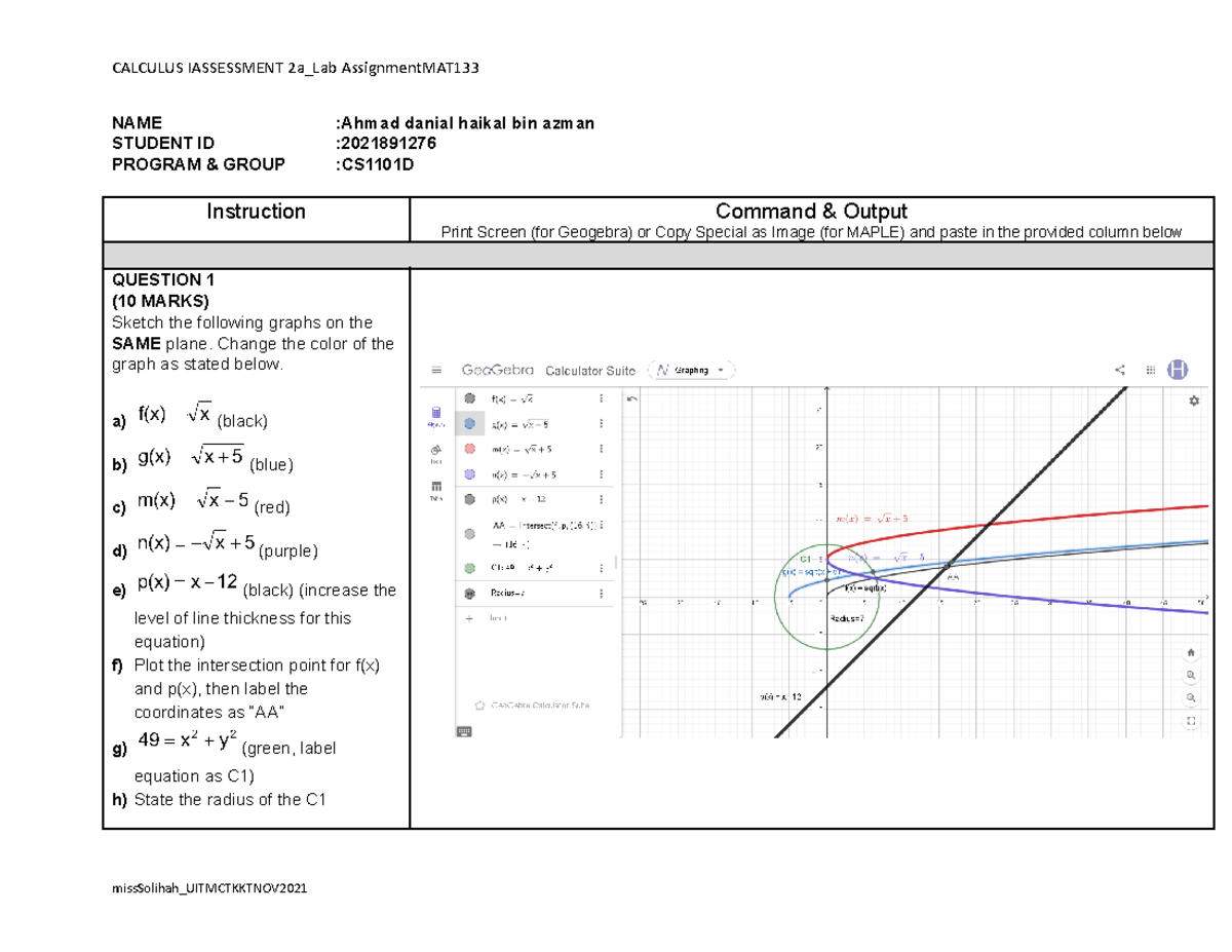 07 MAT133-Oct21 04 Assessment 2a (Lab Assignment) MAT133 - Q - CALCULUS ...