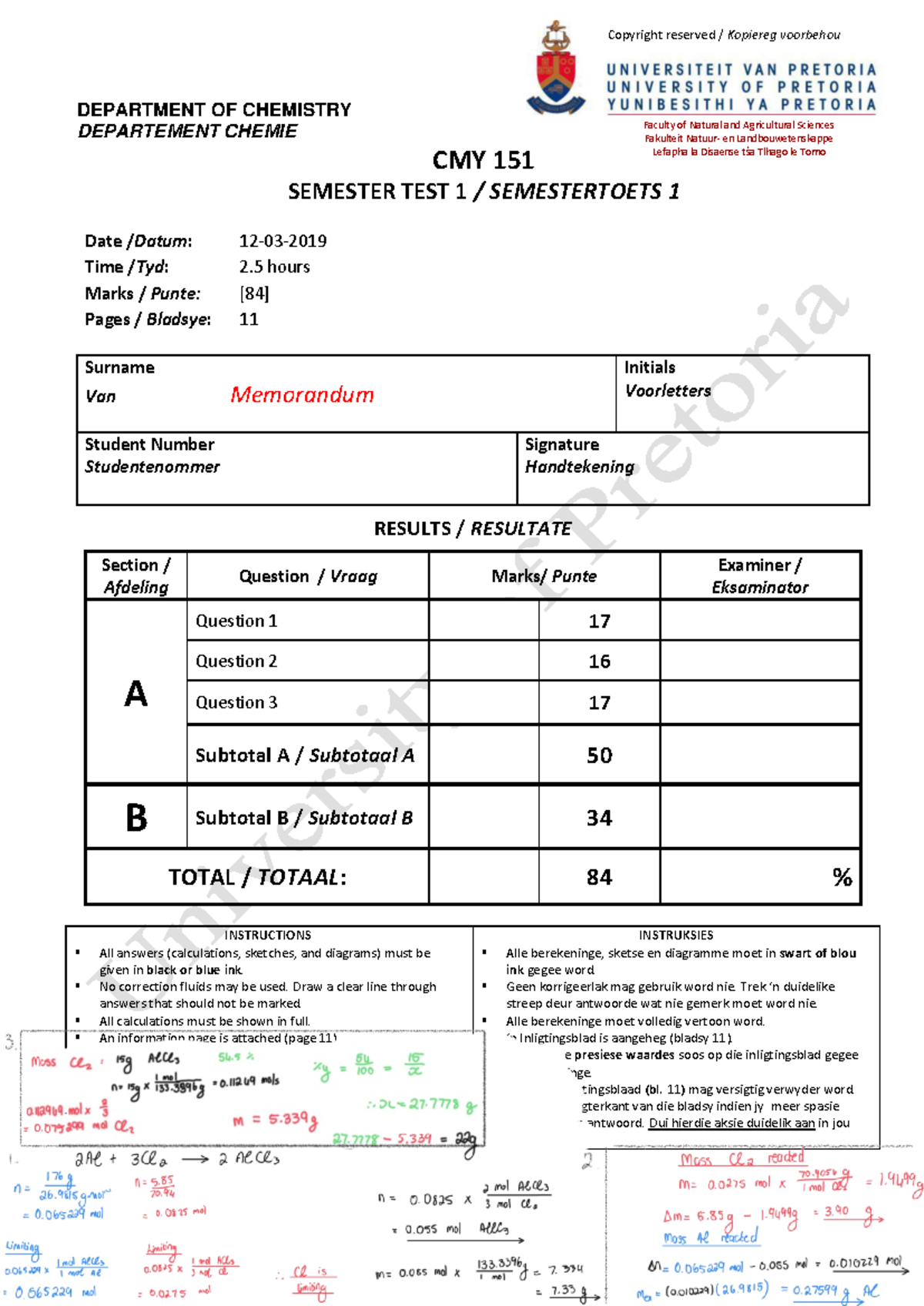 CMY 151 - ST1 MEMO - 2019 - DEPARTMENT OF CHEMISTRY DEPARTEMENT CHEMIE ...