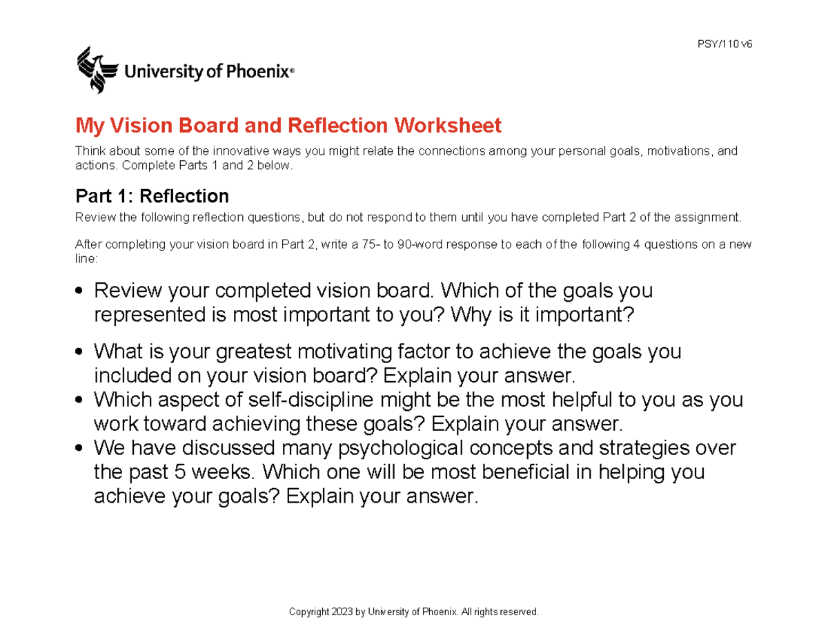 Psy110 v6 wk5 my vision board and reflection worksheet - PSY/110 v My ...