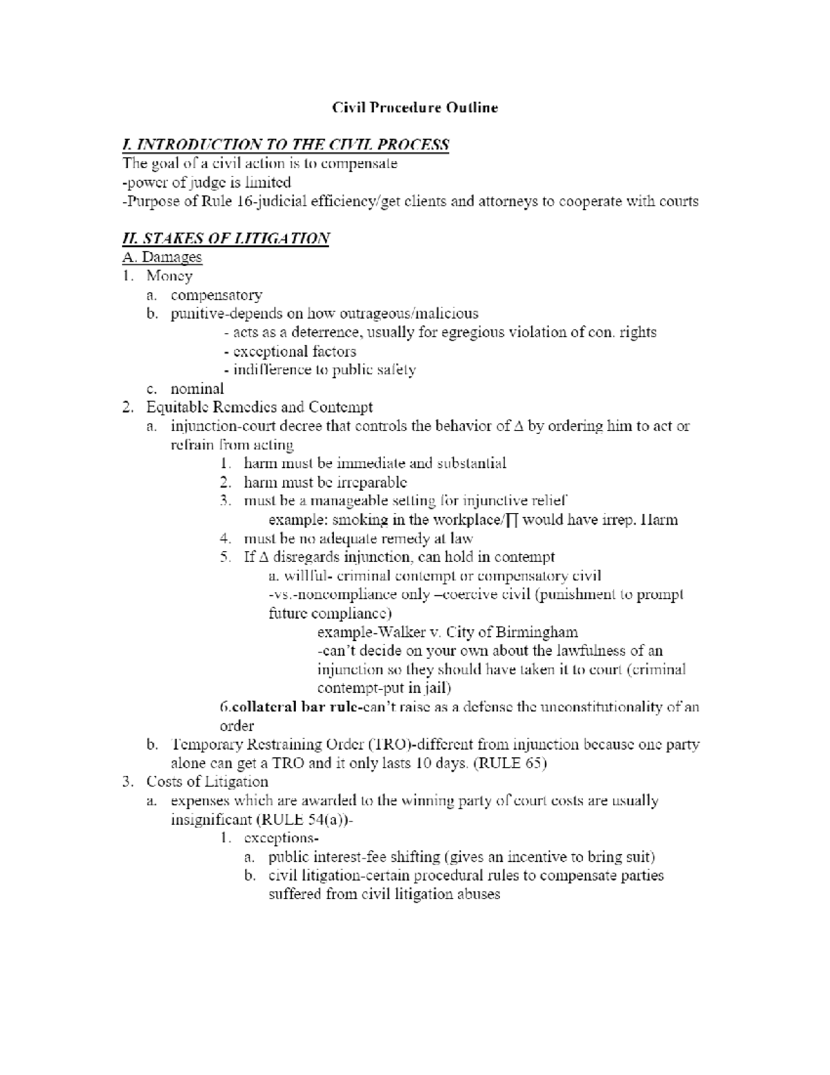 Civil Procedure Outline I. Introduction TO THE Civil Process - CIVP ...