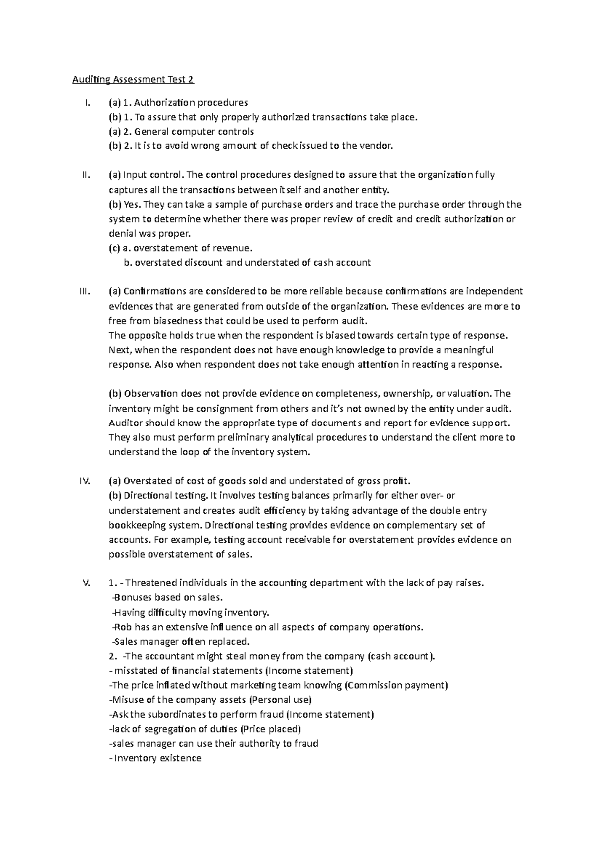 Auditing Assessment Test 2 - (a) 1. Authorization procedures (b) 1. To ...