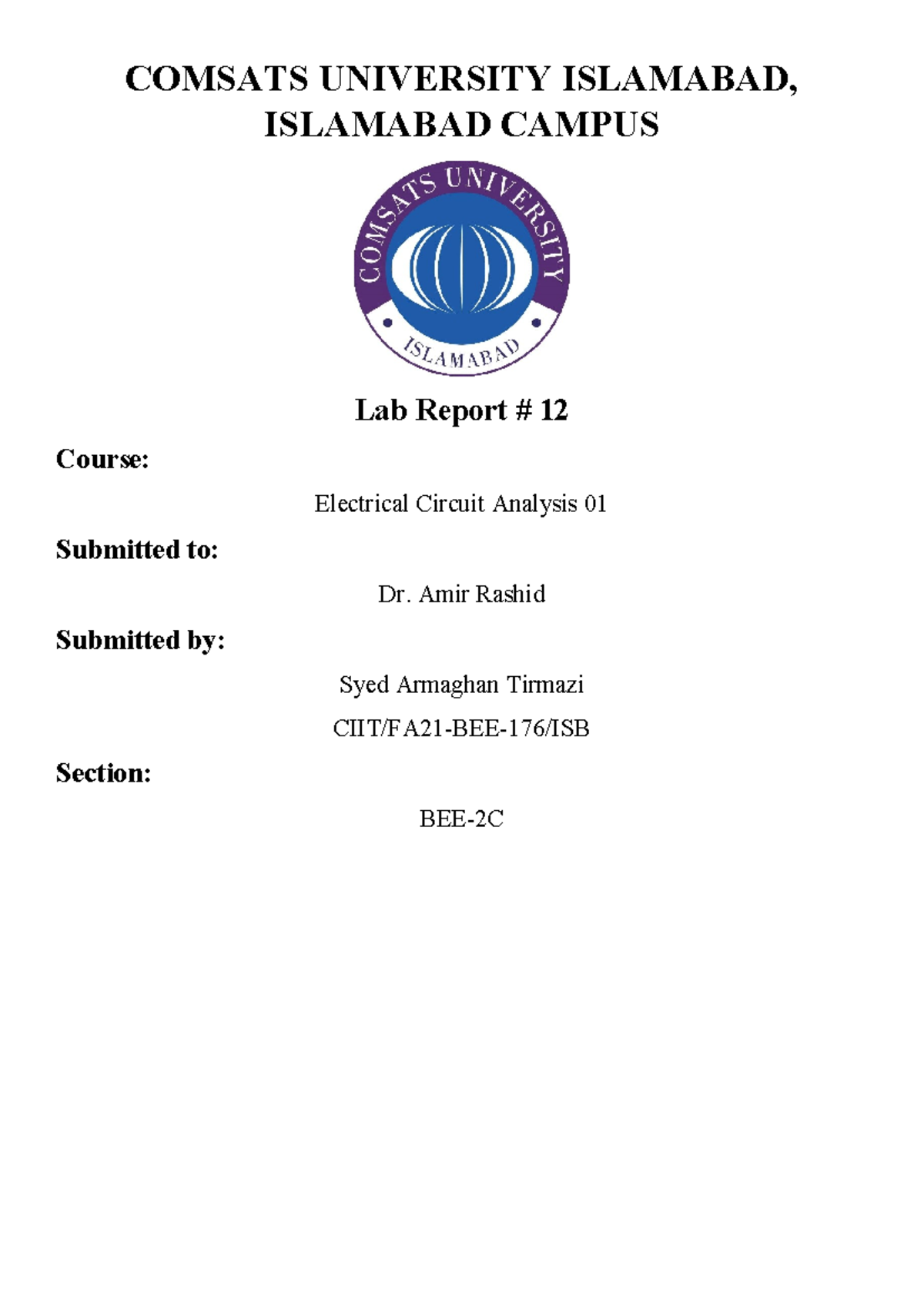 579632527 ECA Lab 12 - report for lab 5 - COMSATS UNIVERSITY ISLAMABAD, ISLAMABAD CAMPUS Lab ...
