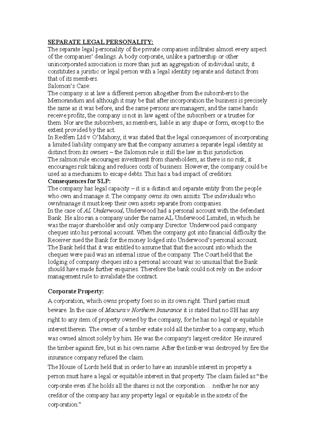 Company law-Separate Legal Personality - SEPARATE LEGAL PERSONALITY ...