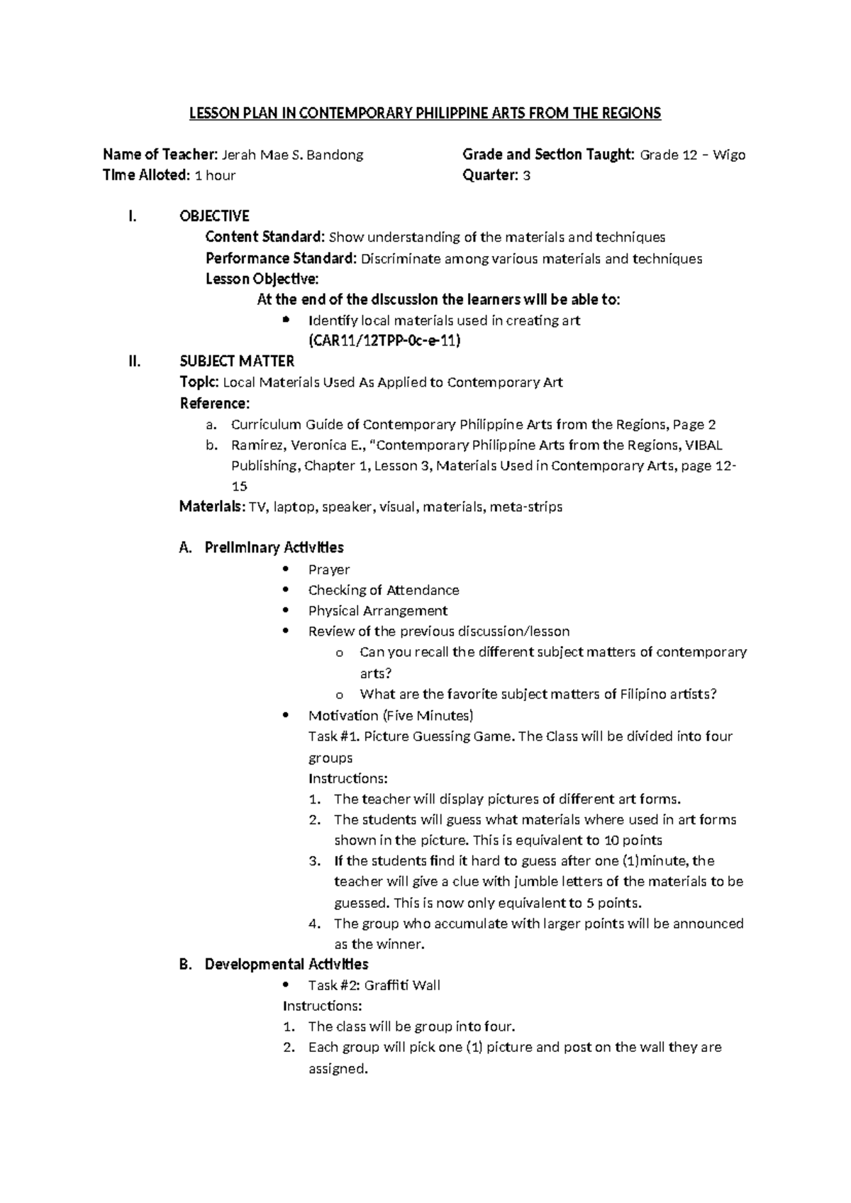 COT 3 - Contempo - Lesson plan for COT - LESSON PLAN IN CONTEMPORARY ...