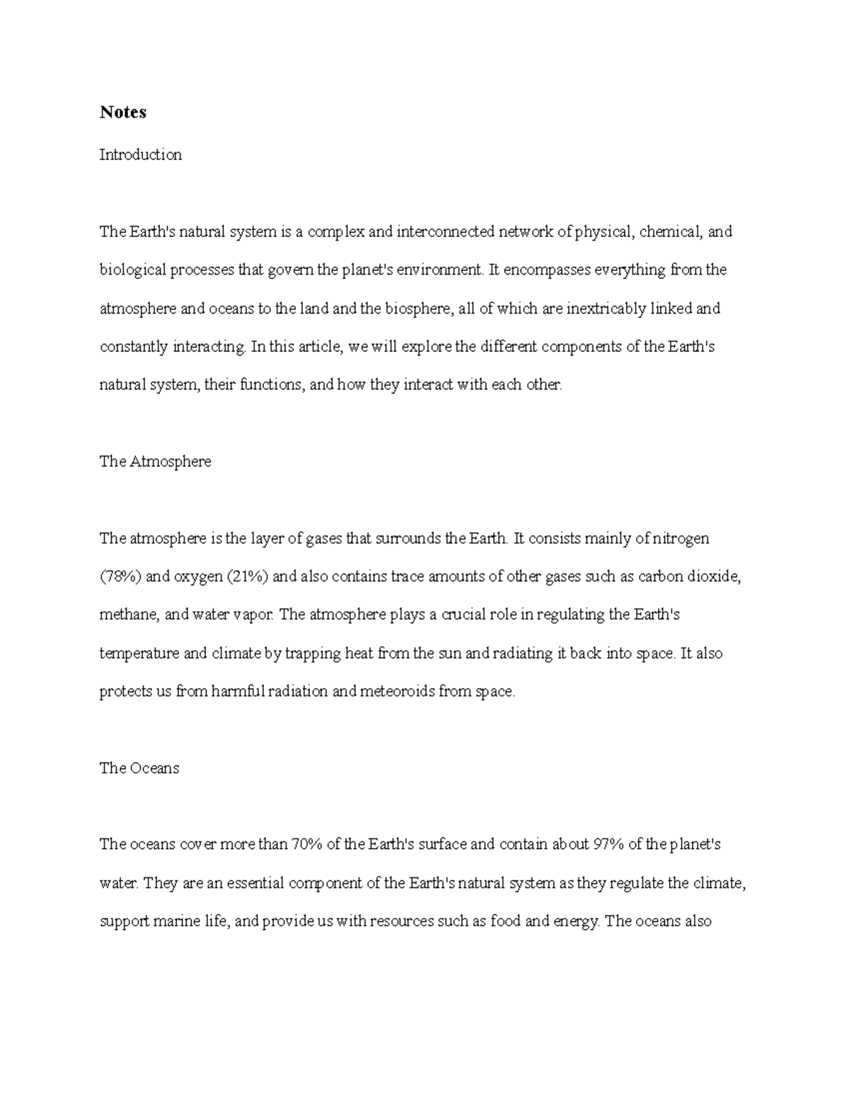 Earth’s Natural System - Notes Introduction The Earth's natural system ...