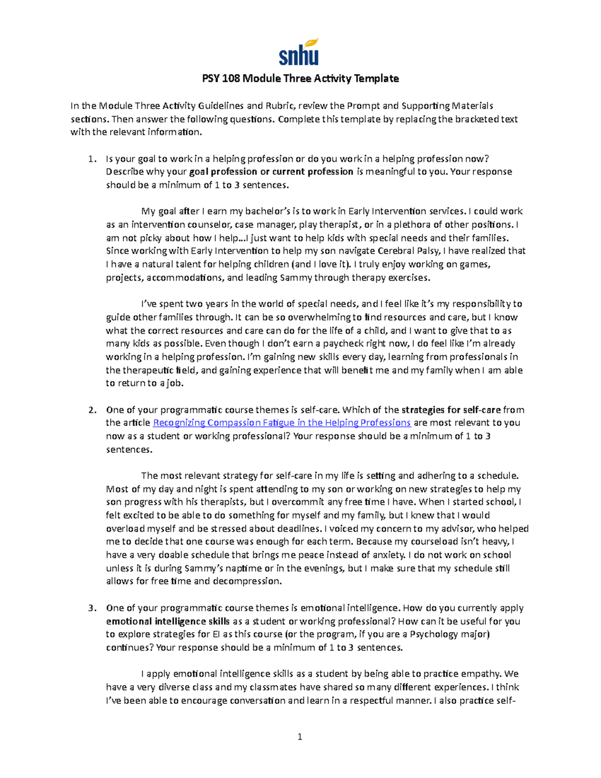 PSY 108 Module Three Activity Template - Then answer the following ...