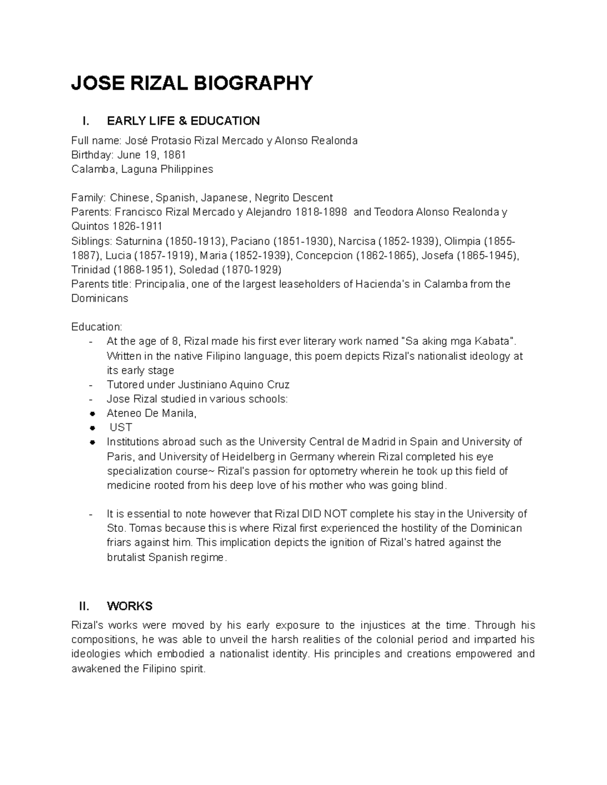 JOSE Rizal - JOSE RIZAL BIOGRAPHY I. EARLY LIFE & EDUCATION Full name ...