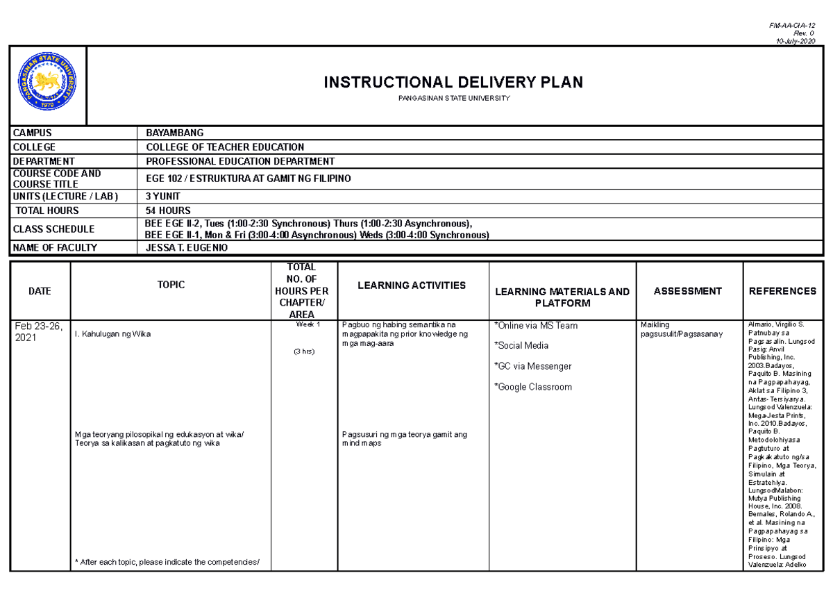Ding, Carmela V. BEE-EGE II-2 IDP - Rev. 0 10-July- INSTRUCTIONAL ...