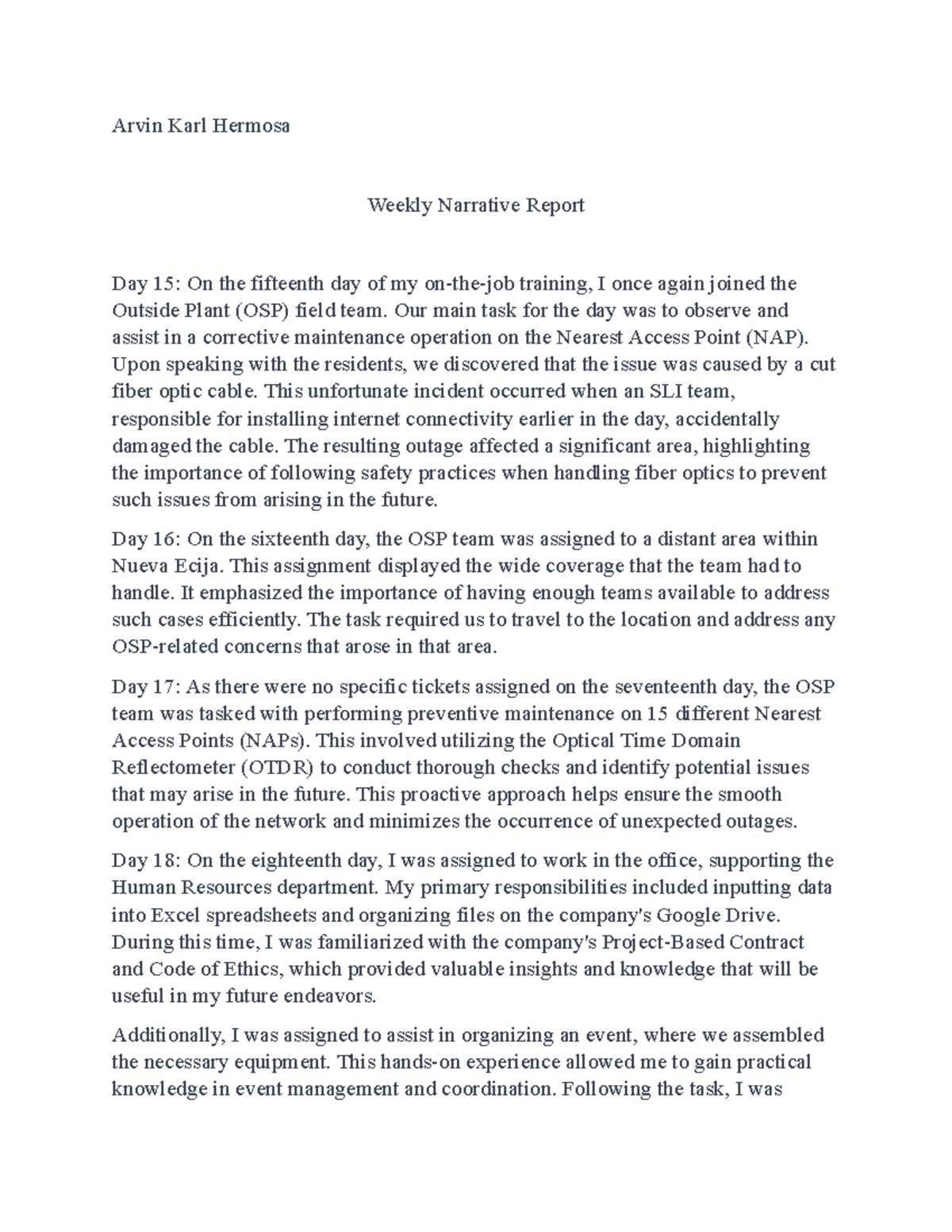 Document 30 - ACTIVITY - Arvin Karl Hermosa Weekly Narrative Report Day ...