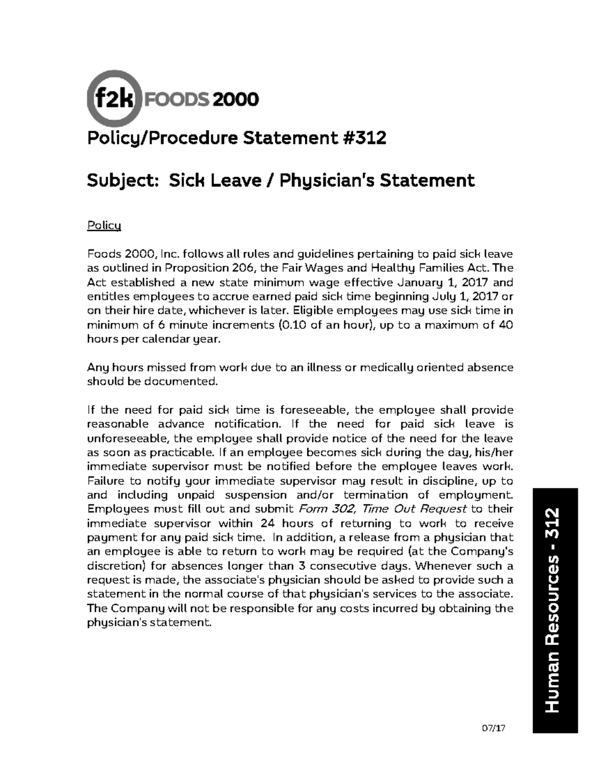 312 - Sick Leave-Physician's Statement - 07 / Policy/Procedure ...
