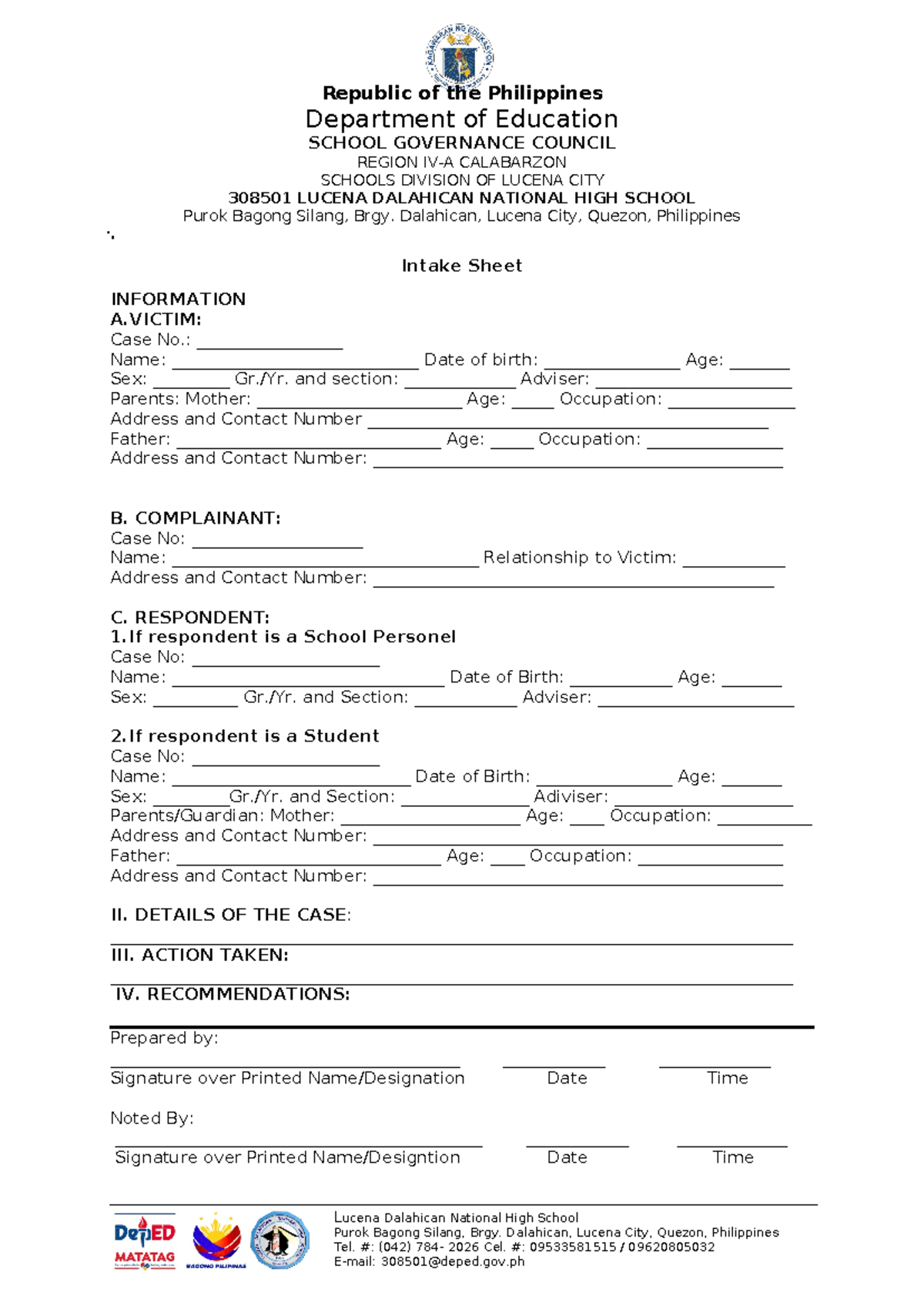 Intake Sheet - Republic of the Philippines Department of Education ...