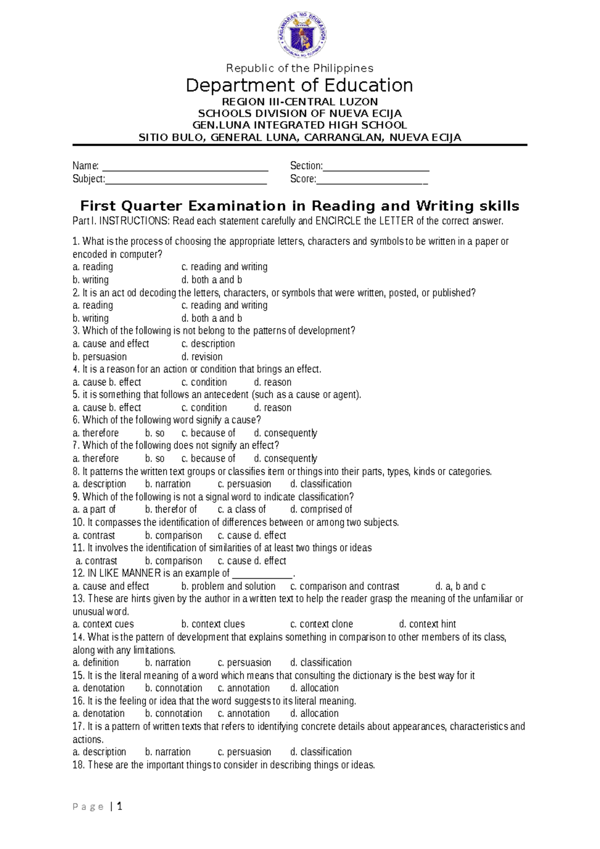 Reading and wriging 1st quarter exam - Republic of the Philippines ...