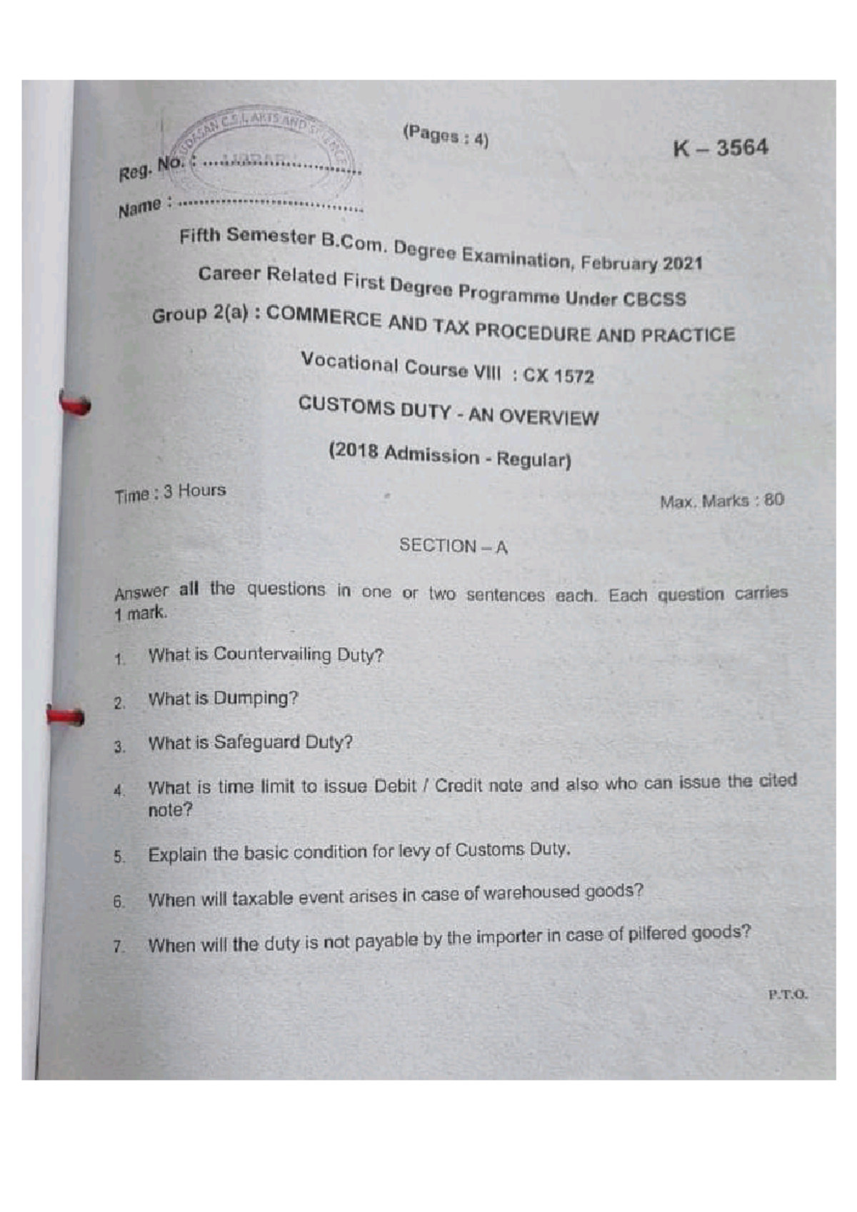Customs duty-1 - Question paper - Bcom Tax Procedure and Practice - Studocu