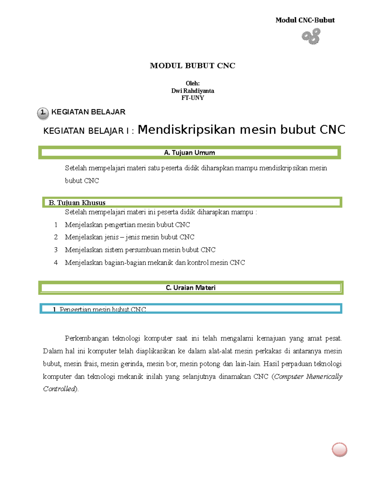 Modul Cnc 1 Pengantar Mesin Cnc Deskripsi Modul Cnc Bubut 1 1 A Tujuan Umum C Uraian Materi