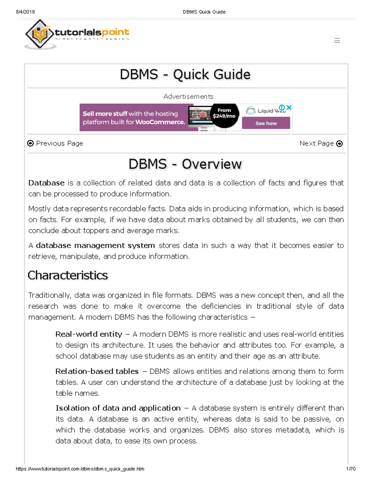 Itp13 Dbms Previous Page Next Page Dbms Quick Guide Advertisements