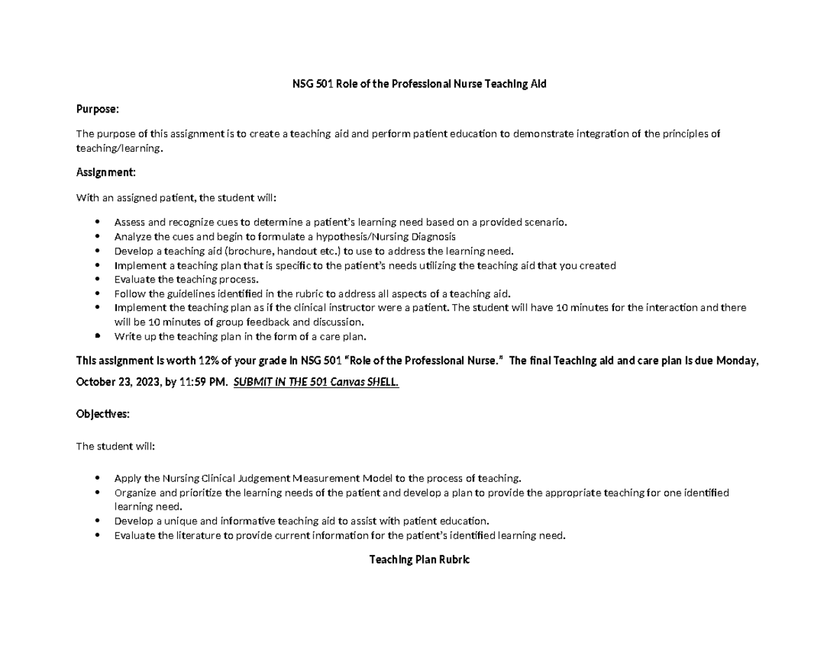 Teaching Aid Assignment Rubric Fall 2023 - NSG 501 Role of the ...