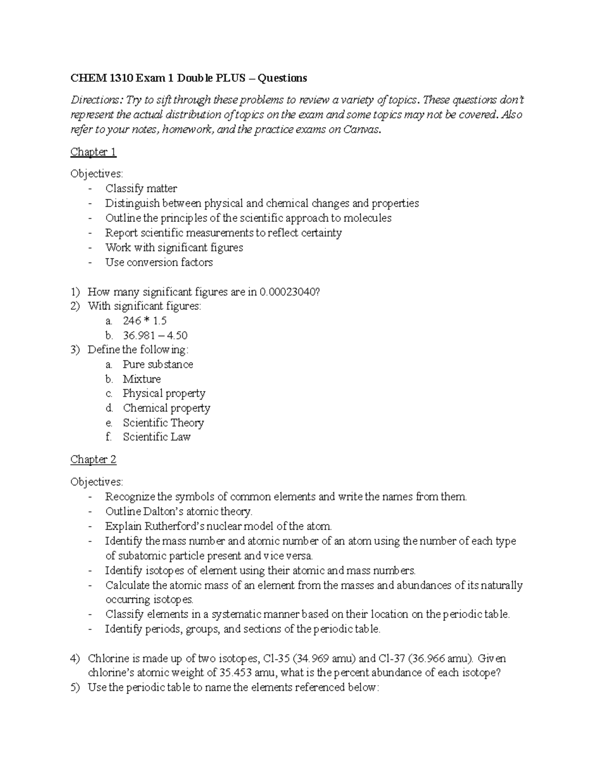 Review Sheet Chem Exam 1 - CHEM 1310 Exam 1 Double PLUS – Questions Directions: Try to sift ...