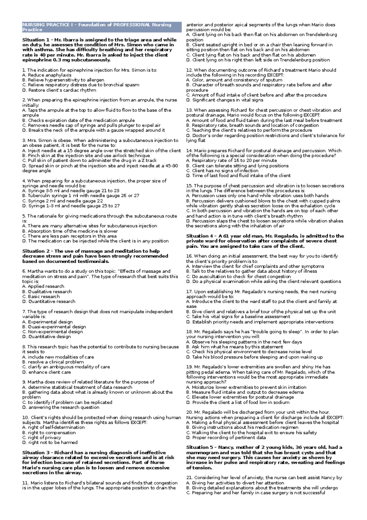 Nursing Practice Test Questions - NURSING PRACTICE I – Foundation of ...