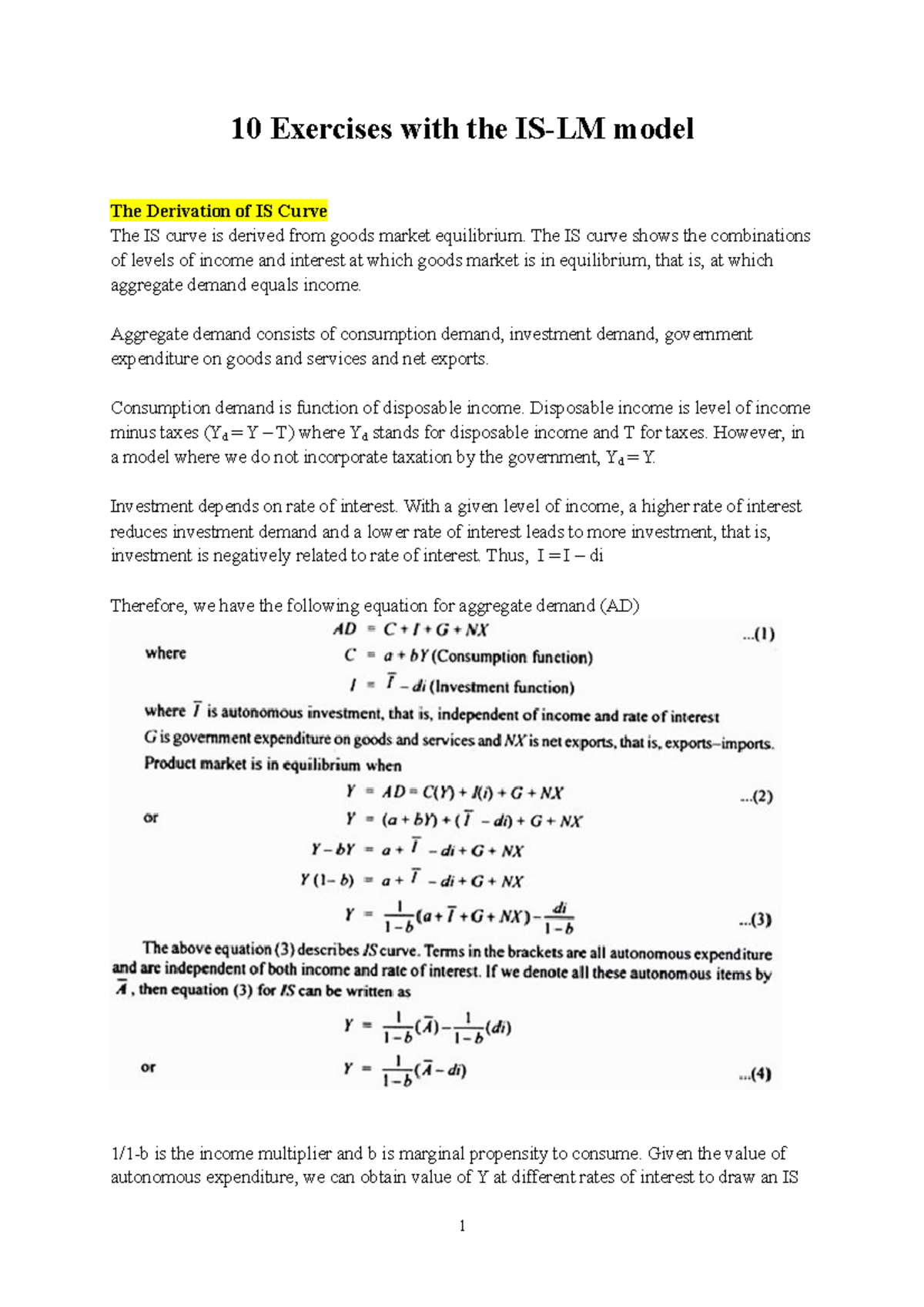 Numerical Exercises with IS-LM - 10 Exercises with the IS-LM model The ...