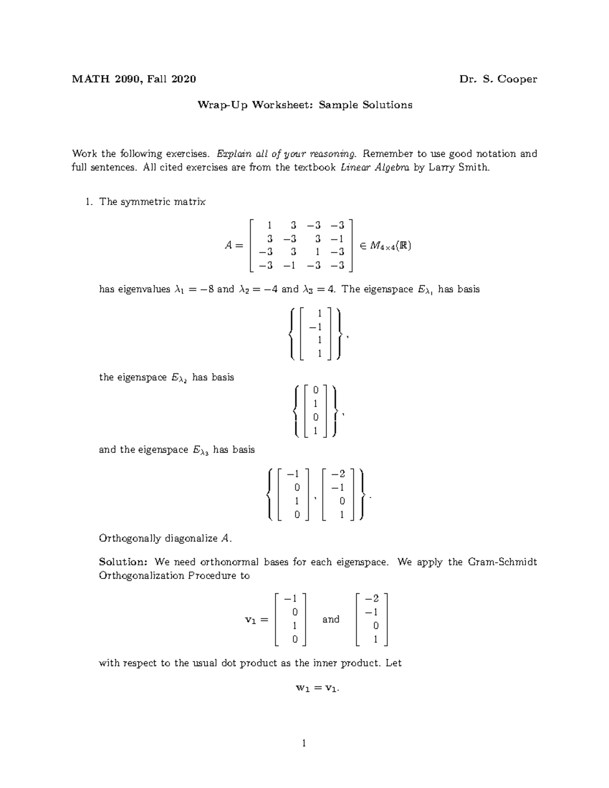 Math 2090 fall20 wrap up worksheet sol - MATH 2090, Fall 2020 Dr. S ...