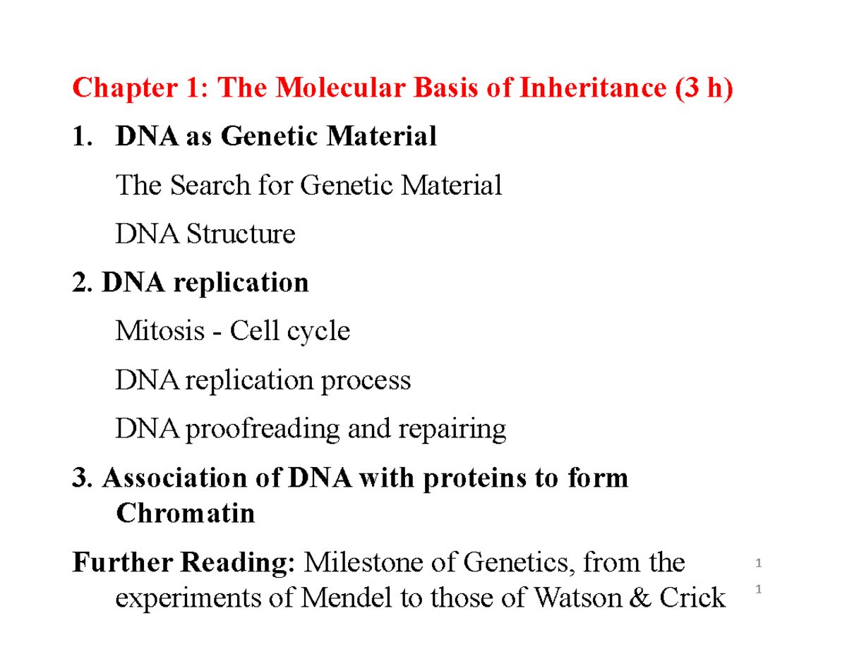 1. The Molecular Basis of Inheritance - DNA as Genetic Material The ...