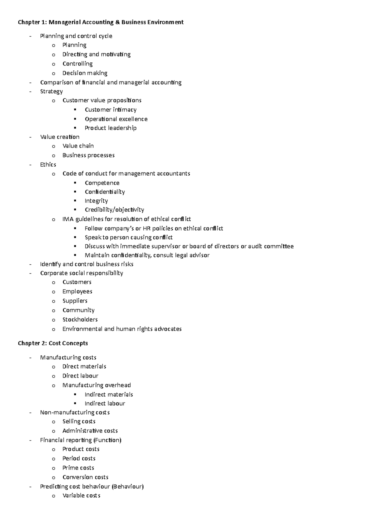 MA - Things to Know - Summary Management Accounting - Chapter 1 ...