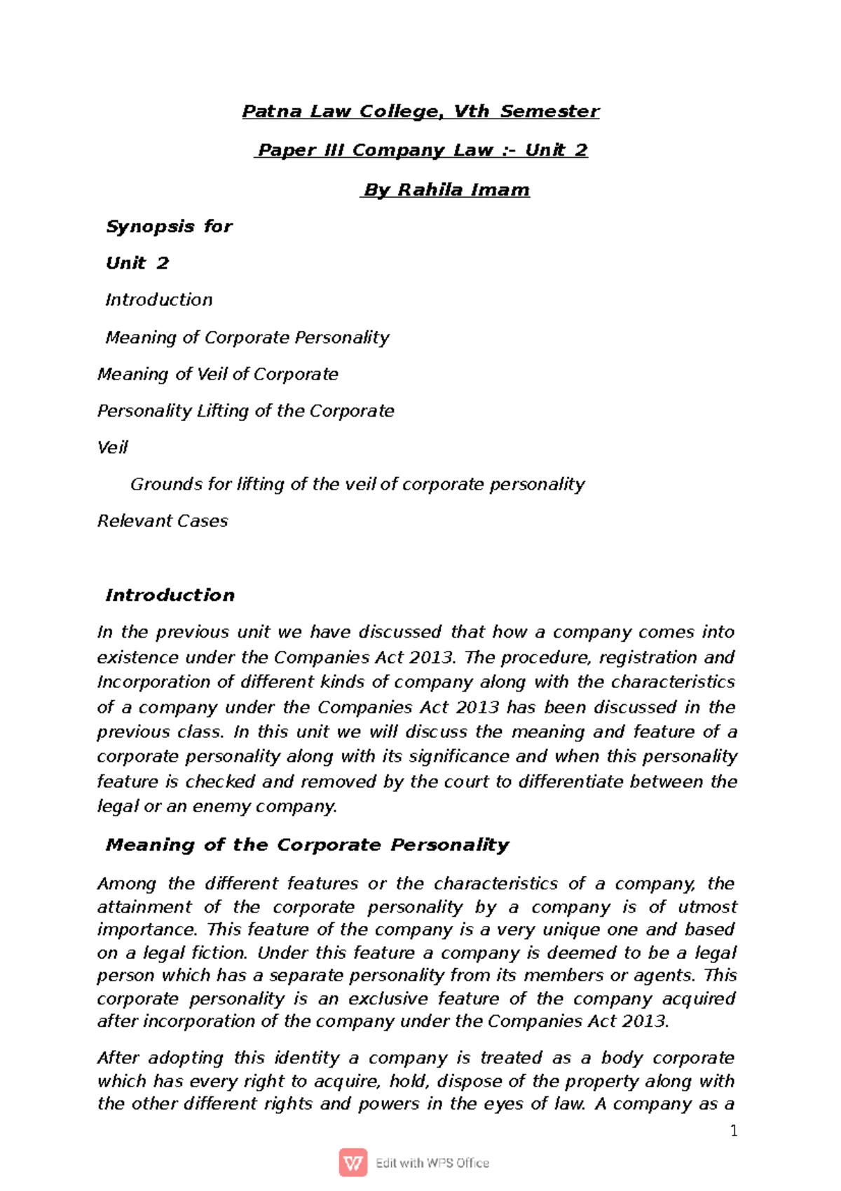 Company Law Basics - 1 Patna Law College, Vth Semester Paper III ...