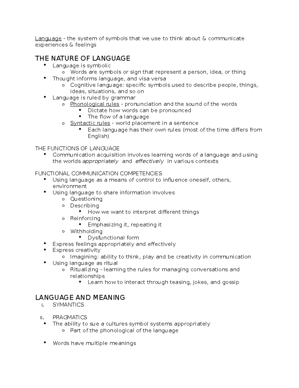 Language - Lecture Notes - Language - the system of symbols that we use ...