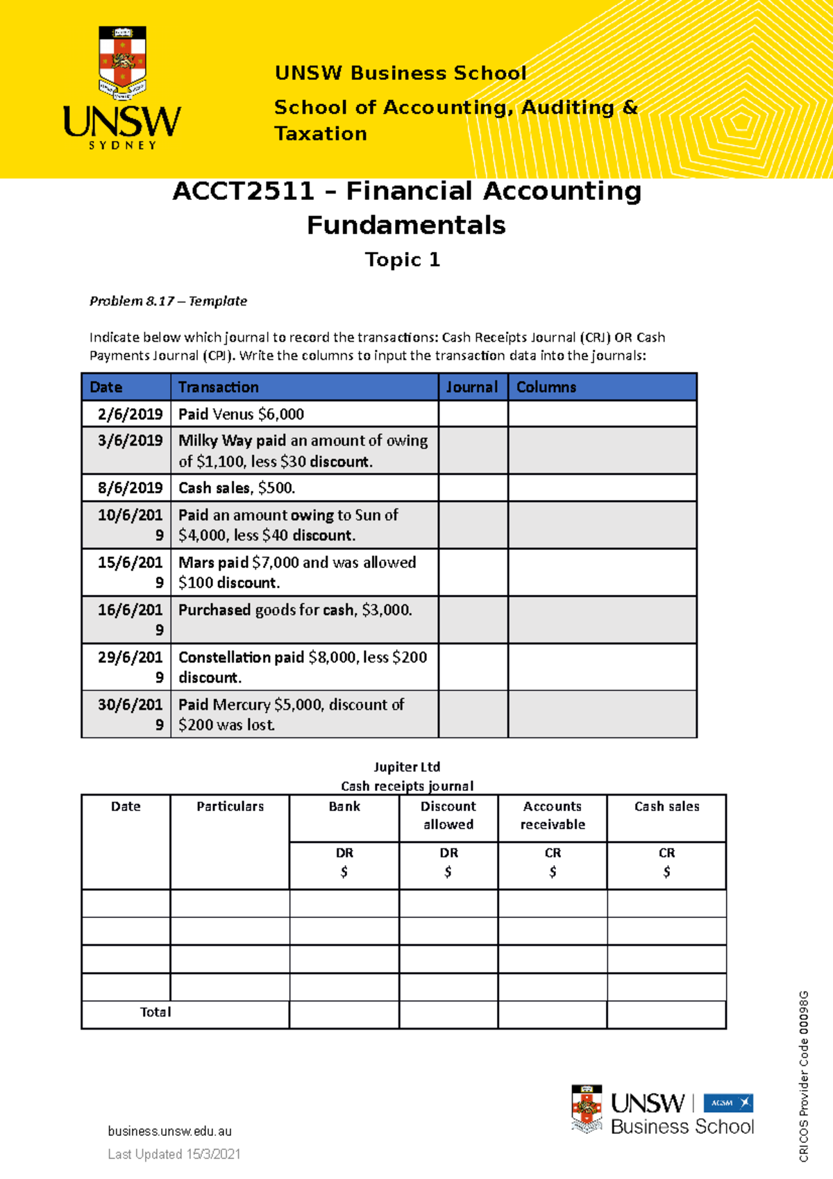 ACCT2511 Topic 1 Problem 8.17 â Template - ACCT2511 – Financial ...