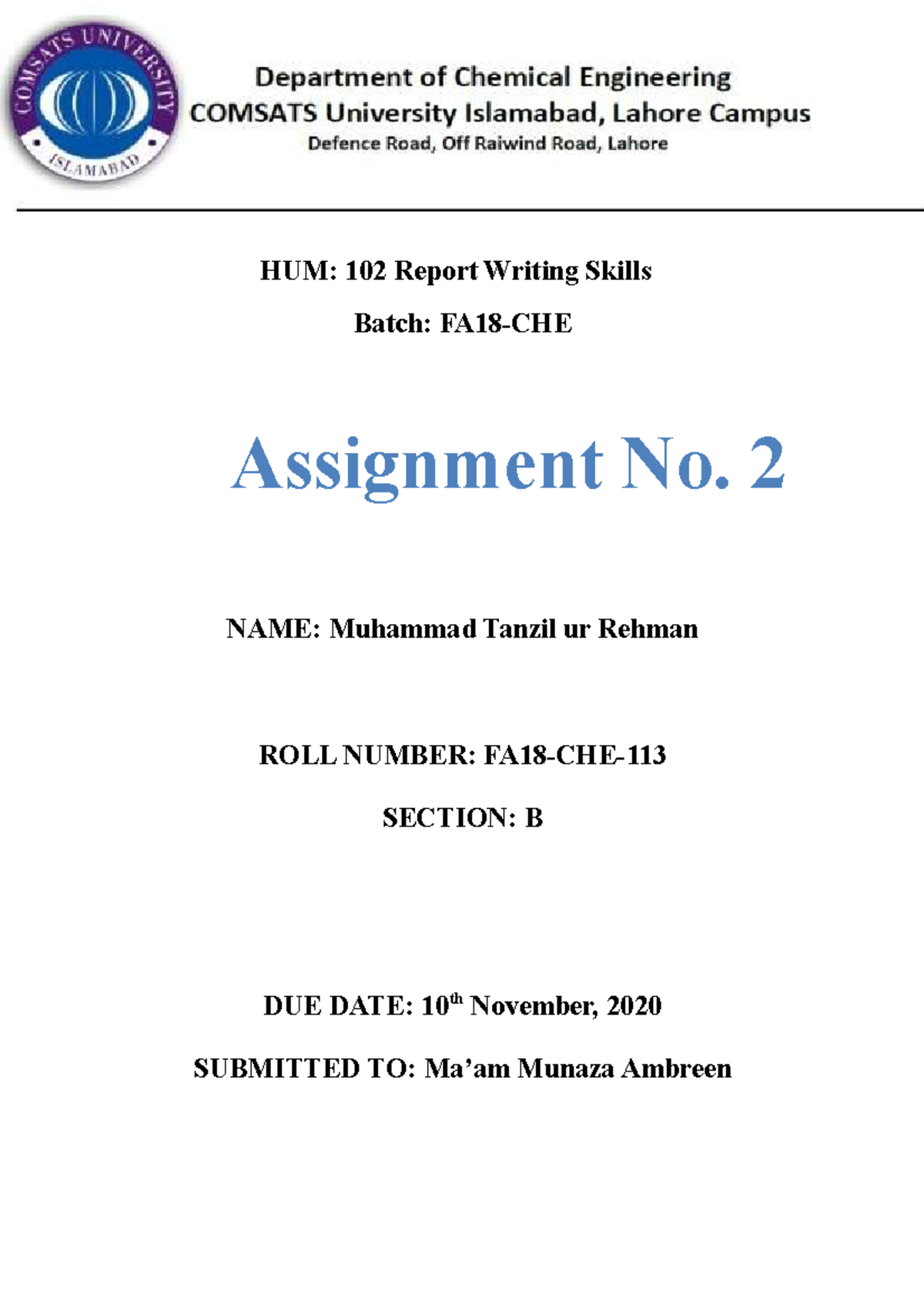 Assignment 2,,,, - HUM: 102 Report Writing Skills Batch: FA18-CHE ...