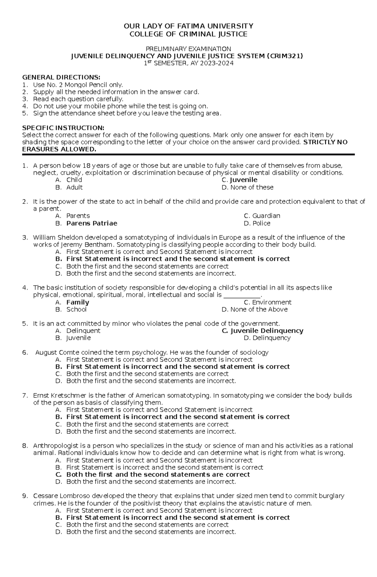 CRIM321 - Prelims - EXAM - OUR LADY OF FATIMA UNIVERSITY COLLEGE OF ...