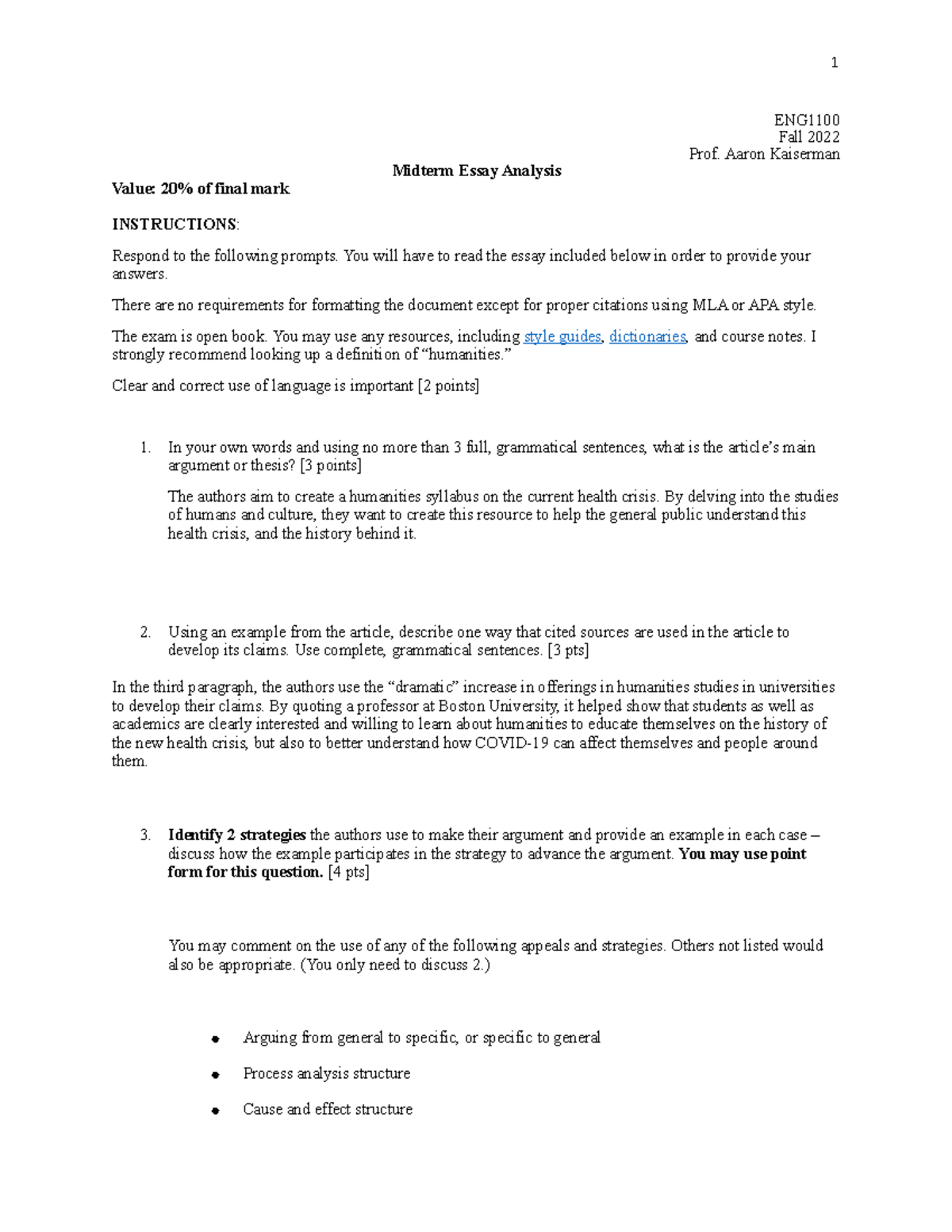 2022 Midterm ENG 1100 - ENG Fall 2022 Prof. Aaron Kaiserman Midterm ...