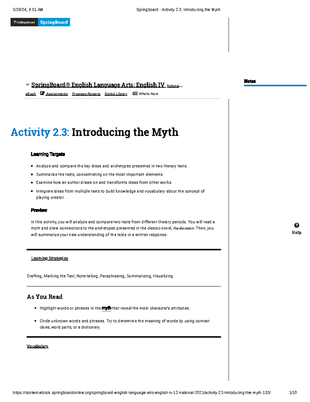 Springboard - Activity 2.3 Introducing the Myth - Activity 2 ...