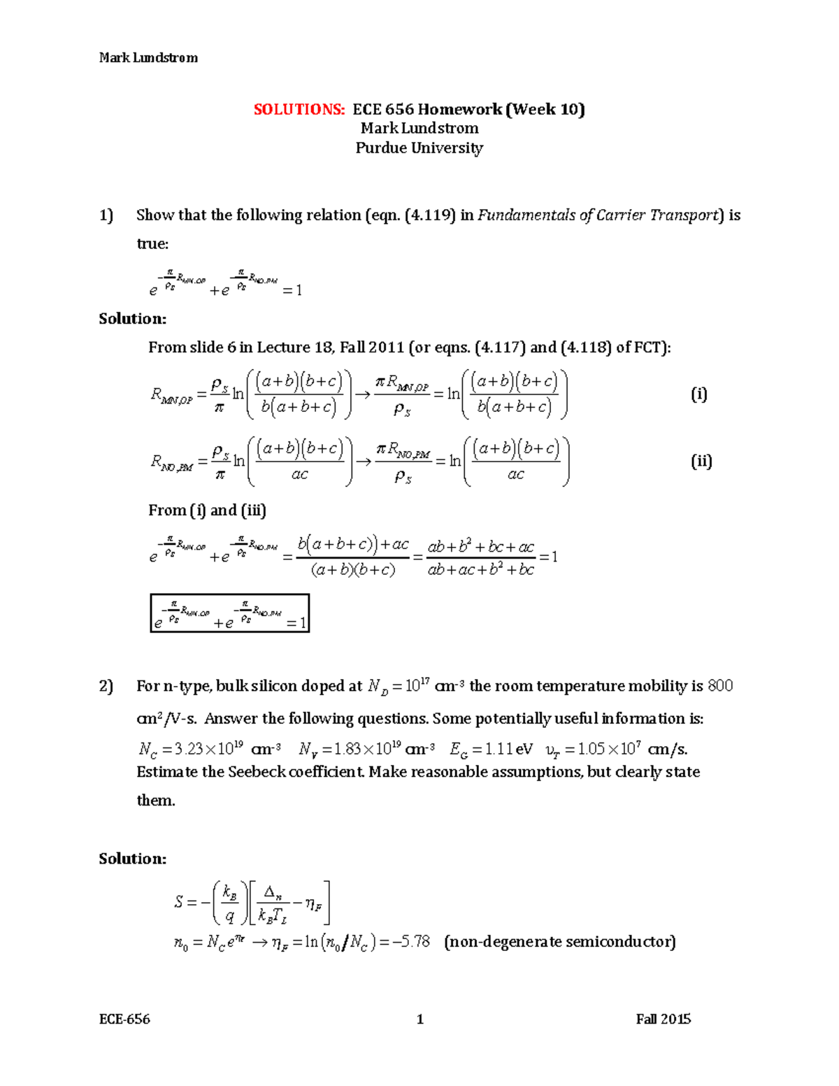 Week10HWSolutions - Carrier concentration and Fermi function - - Studocu