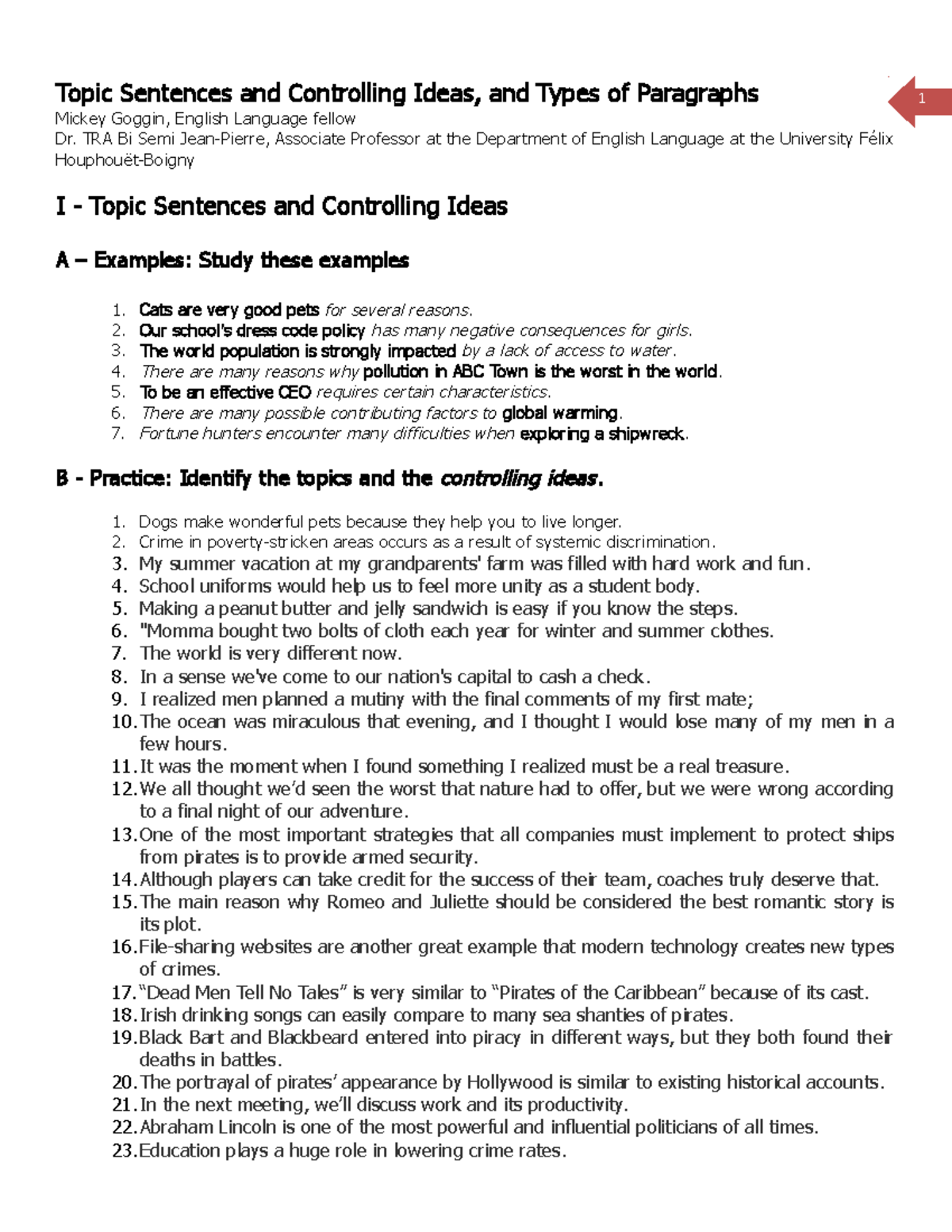 Topic Sentences And Controlling Ideas Types Of Paragraphs Topic