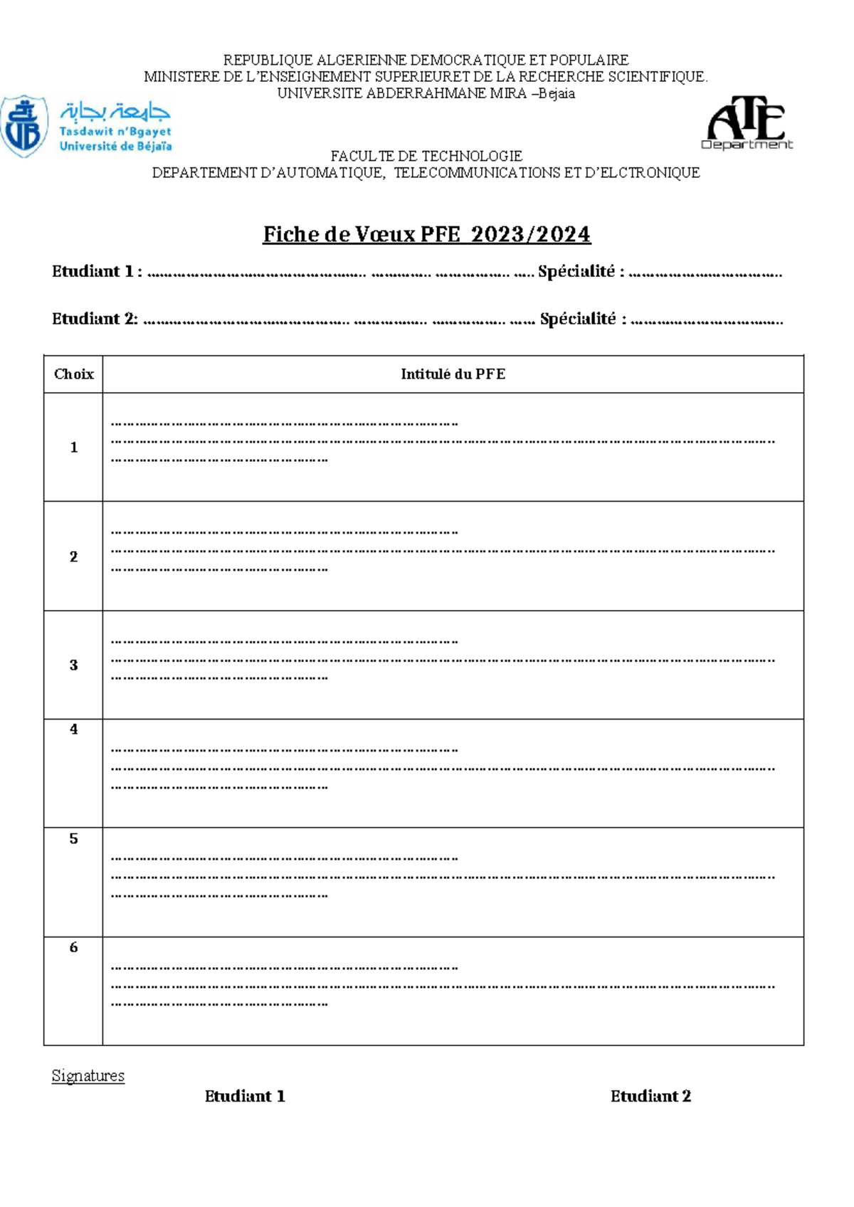Fiche de voeux pfe - fgfff - REPUBLIQUE ALGERIENNE DEMOCRATIQUE ET ...