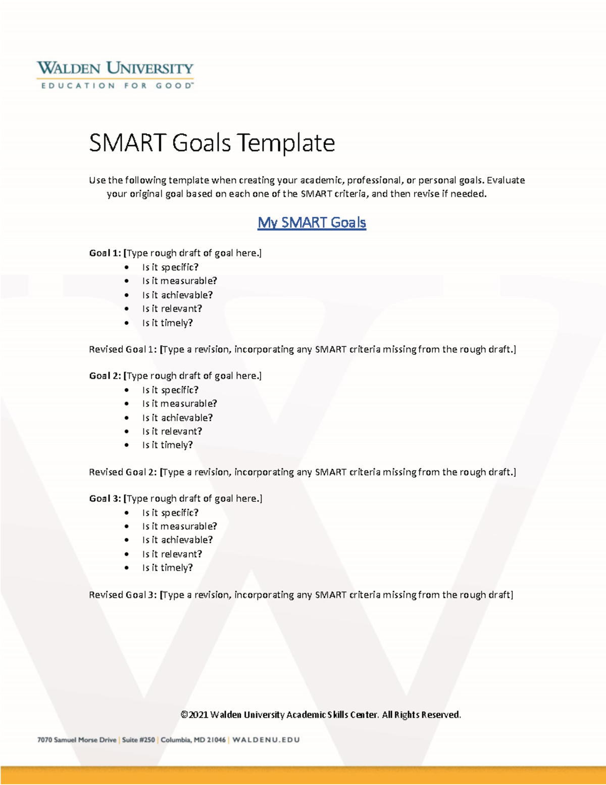 Smart-goal-template - 6635 - ©2021 Walden University Academic Skills ...