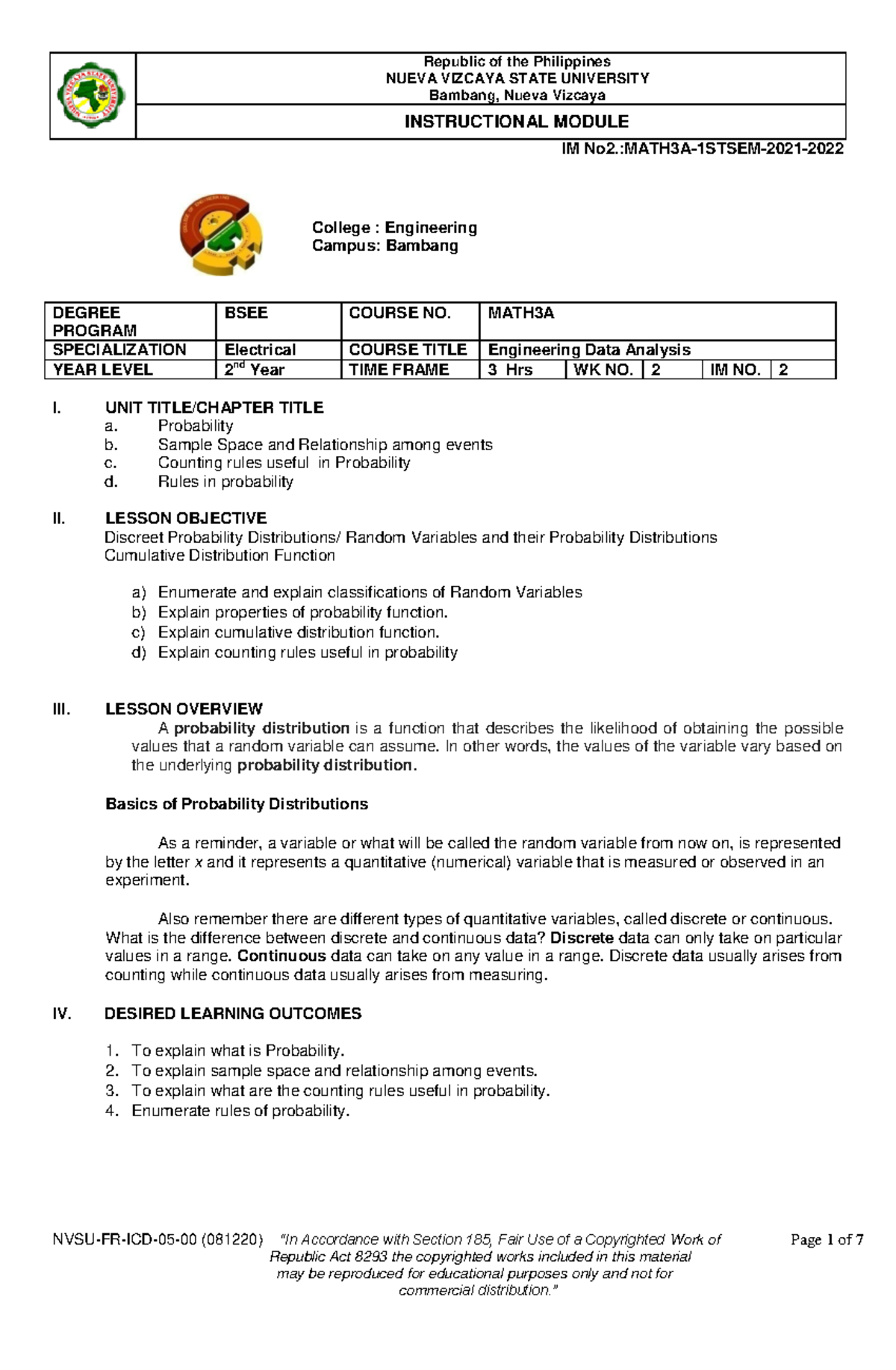 EDA module 2 - NUEVA VIZCAYA STATE UNIVERSITY Bambang, Nueva Vizcaya ...